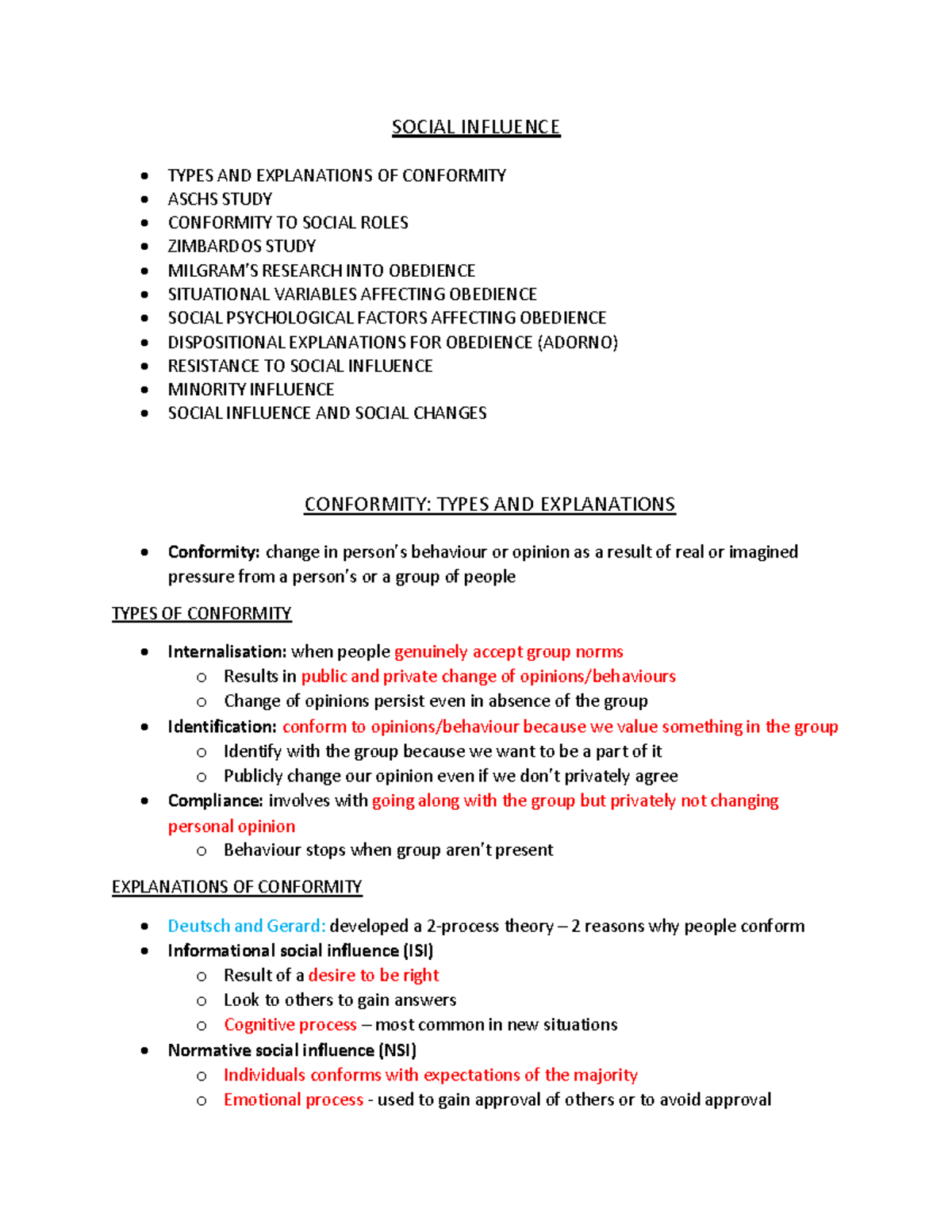 Social Influence A-Level revision notes - SOCIAL INFLUENCE • TYPES AND ...
