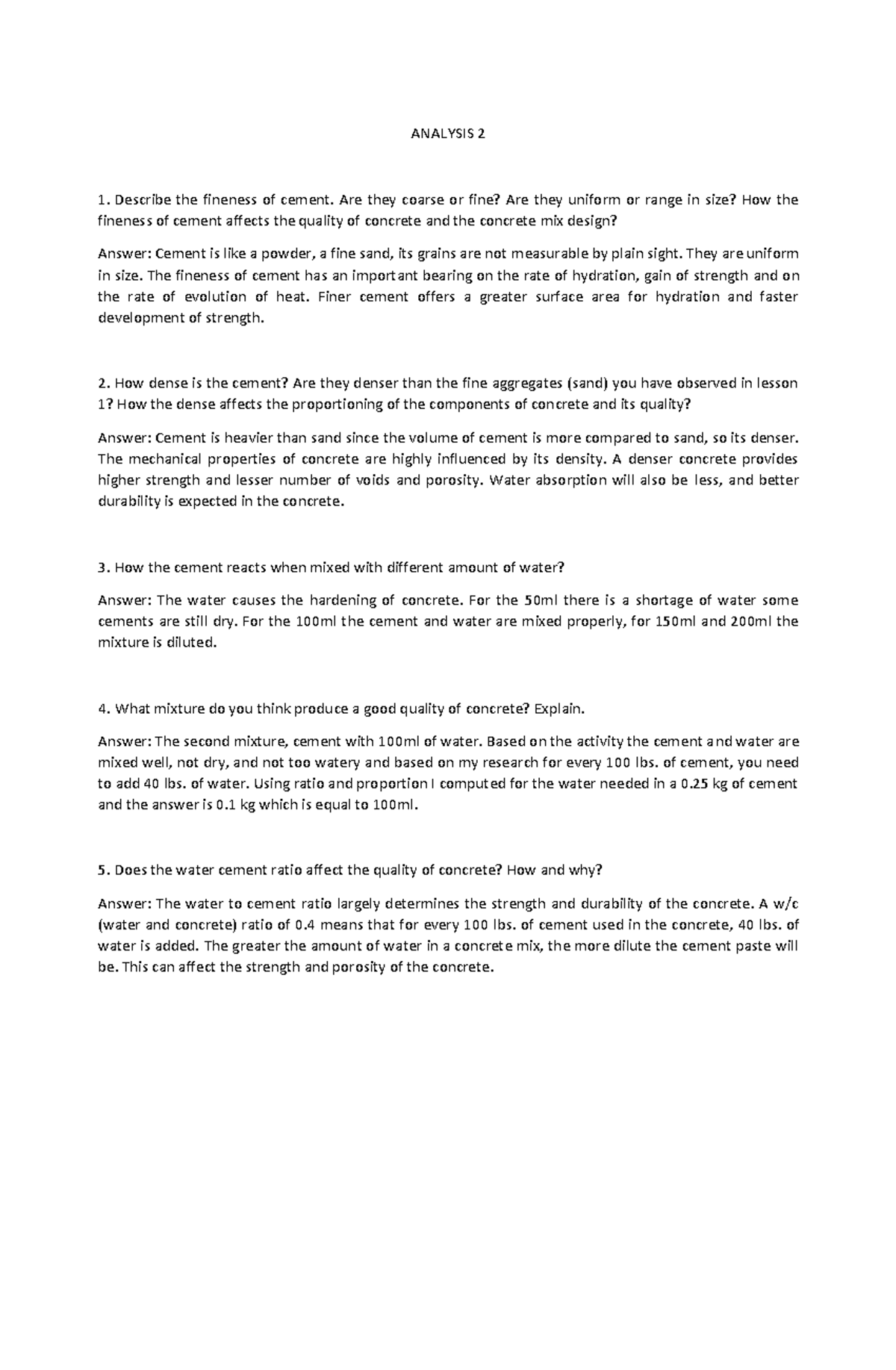 Hydraulics Cement and Concrete Analysis - ANALYSIS 2 Describe the ...