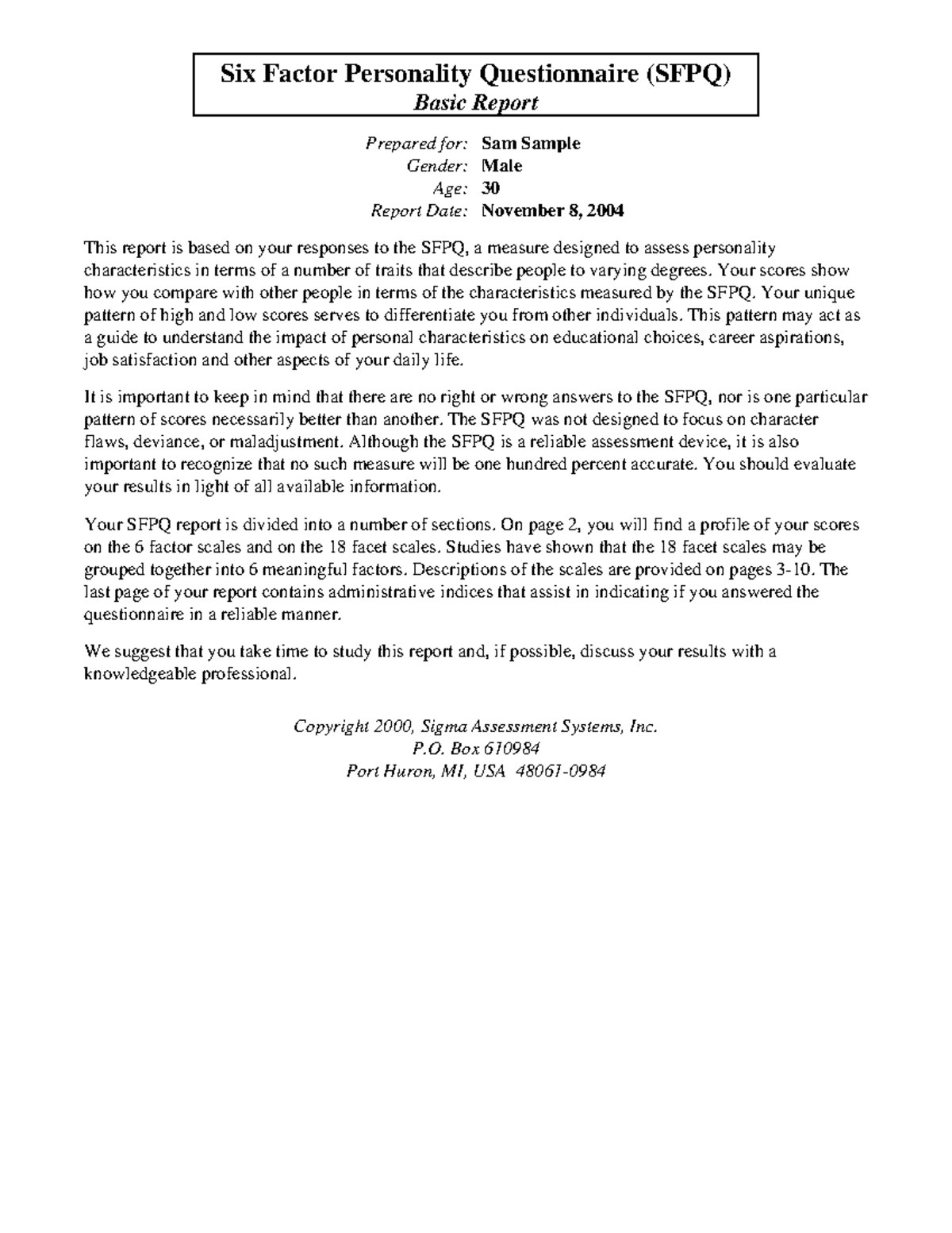 Six factor personality questionnaire sfpq sfpq report - Six Factor ...