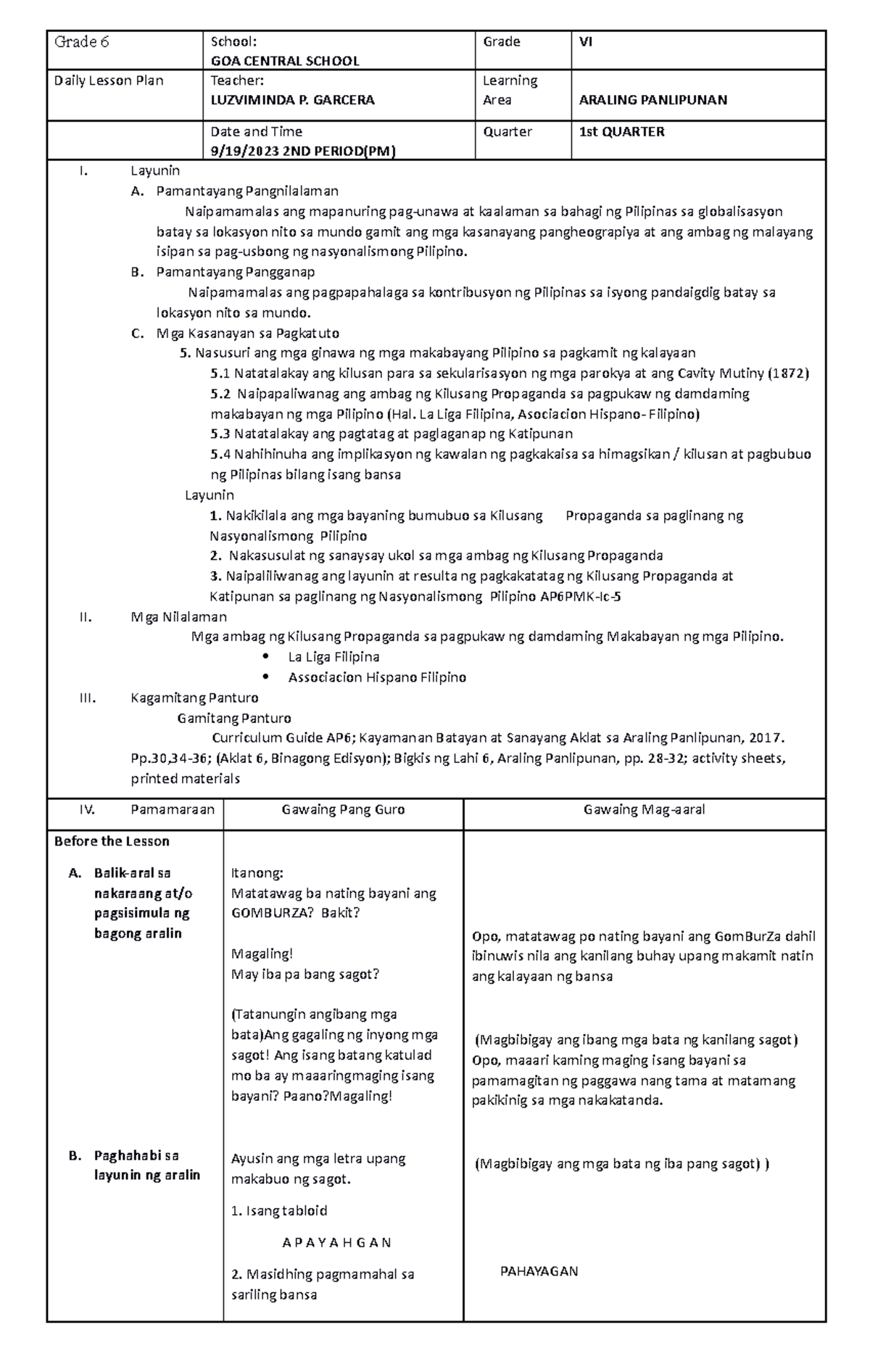 DDL- Elementary - Grade 6 School: GOA CENTRAL SCHOOL Grade VI Daily ...