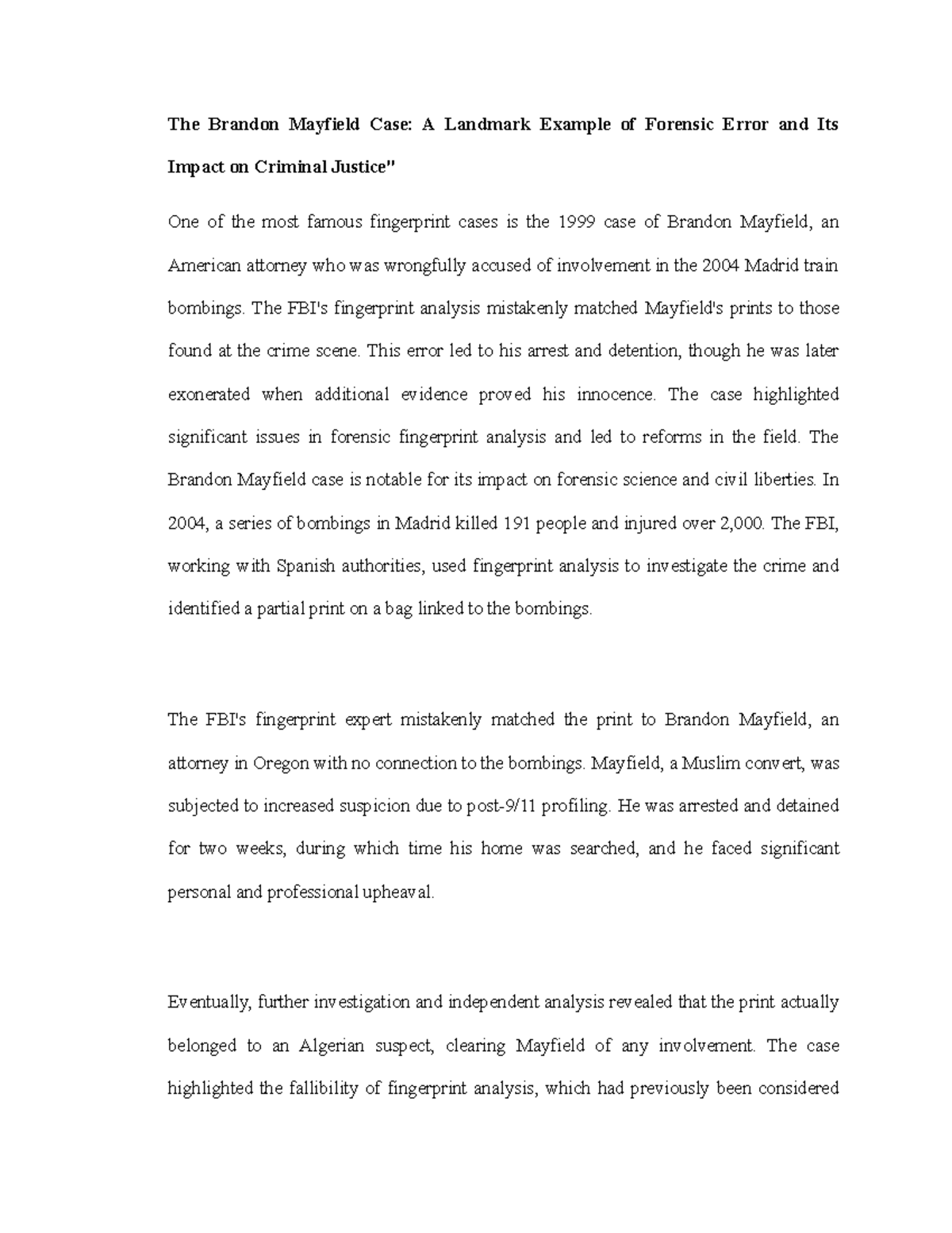 criminology intern notes - The Brandon Mayfield Case: A Landmark ...