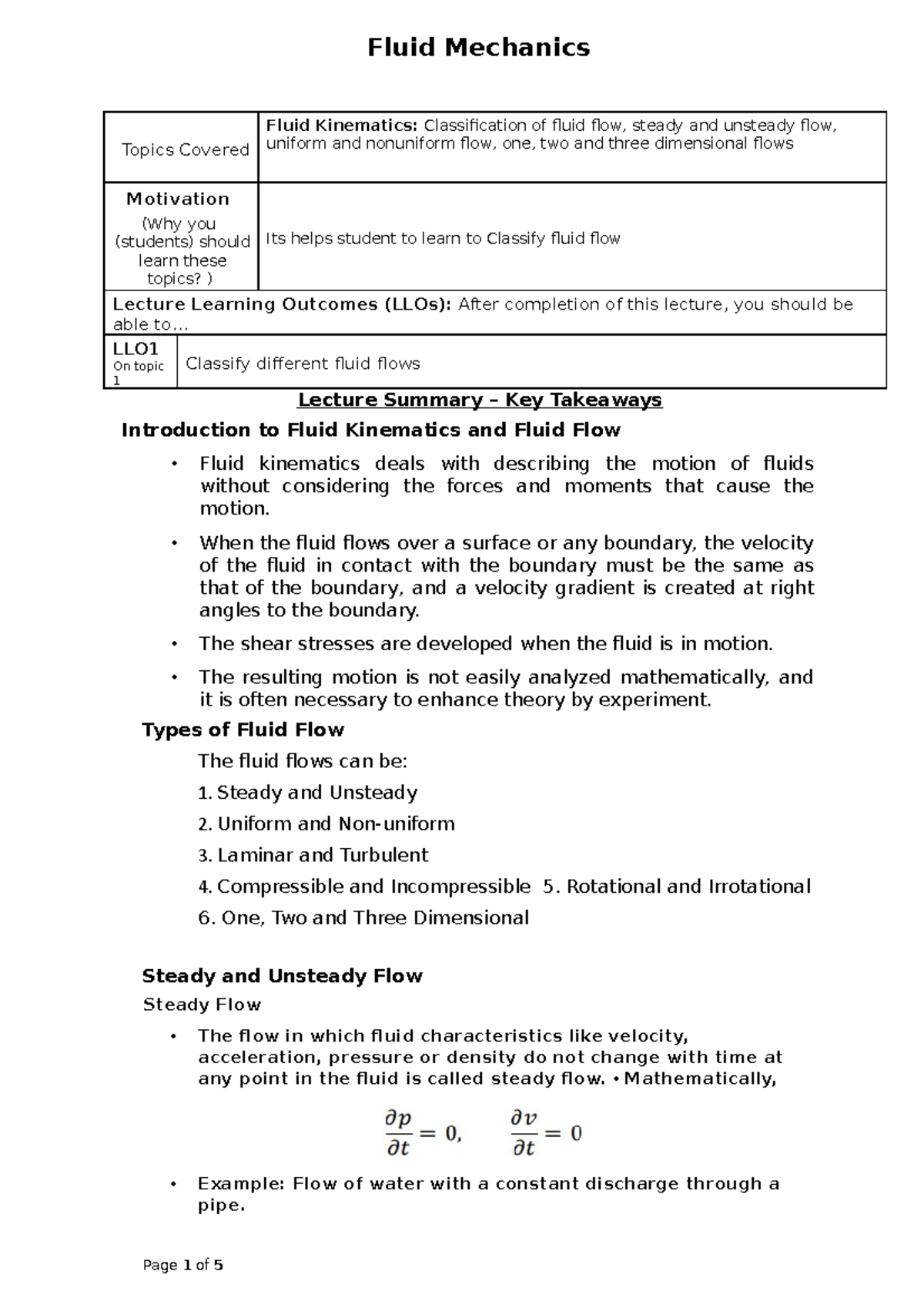 Fluid kinematics - one, two and three dimensional flows. - Topics ...