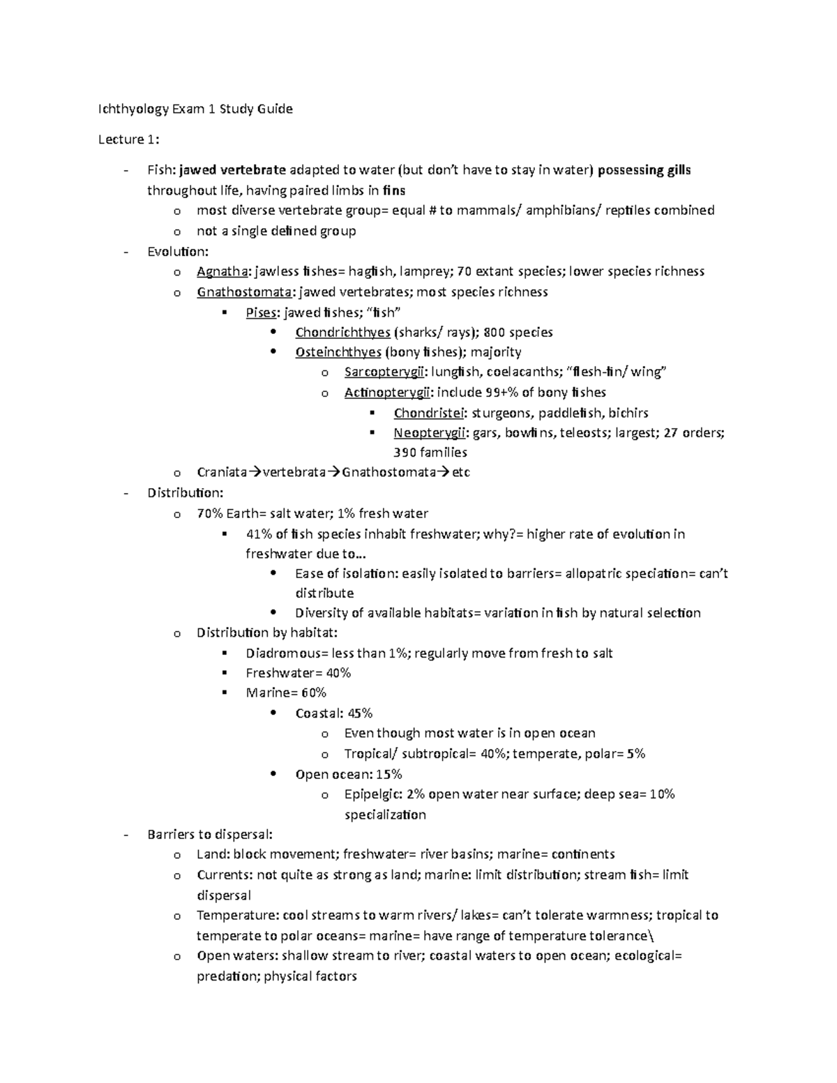 Ichthyology exam 1 study guide - Ichthyology Exam 1 Study Guide Lecture ...
