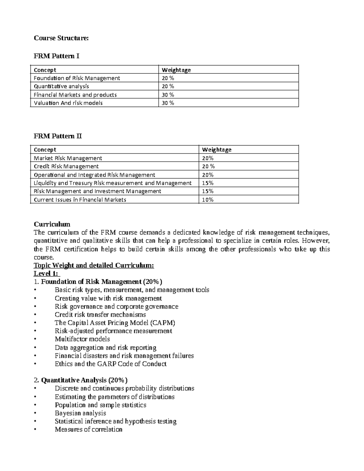 Frm-course-structure - Course Structure: FRM Pattern I Concept ...