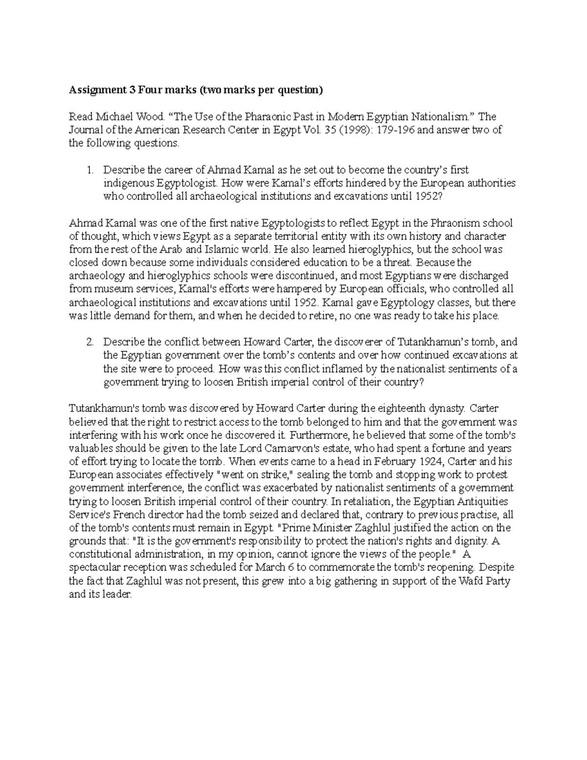 Assignemnt 3 Assignment For M Wood Class Assignment 3 Four Marks Two Marks Per Question