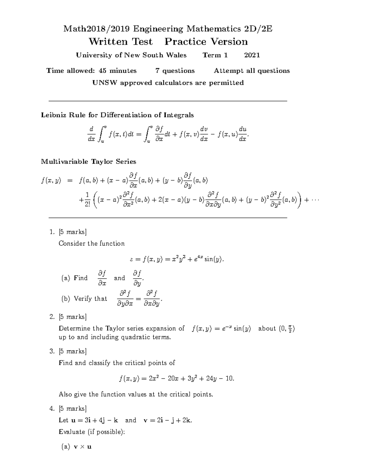 Practice test answers - Math2018/2019 Engineering Mathematics 2D/2E ...