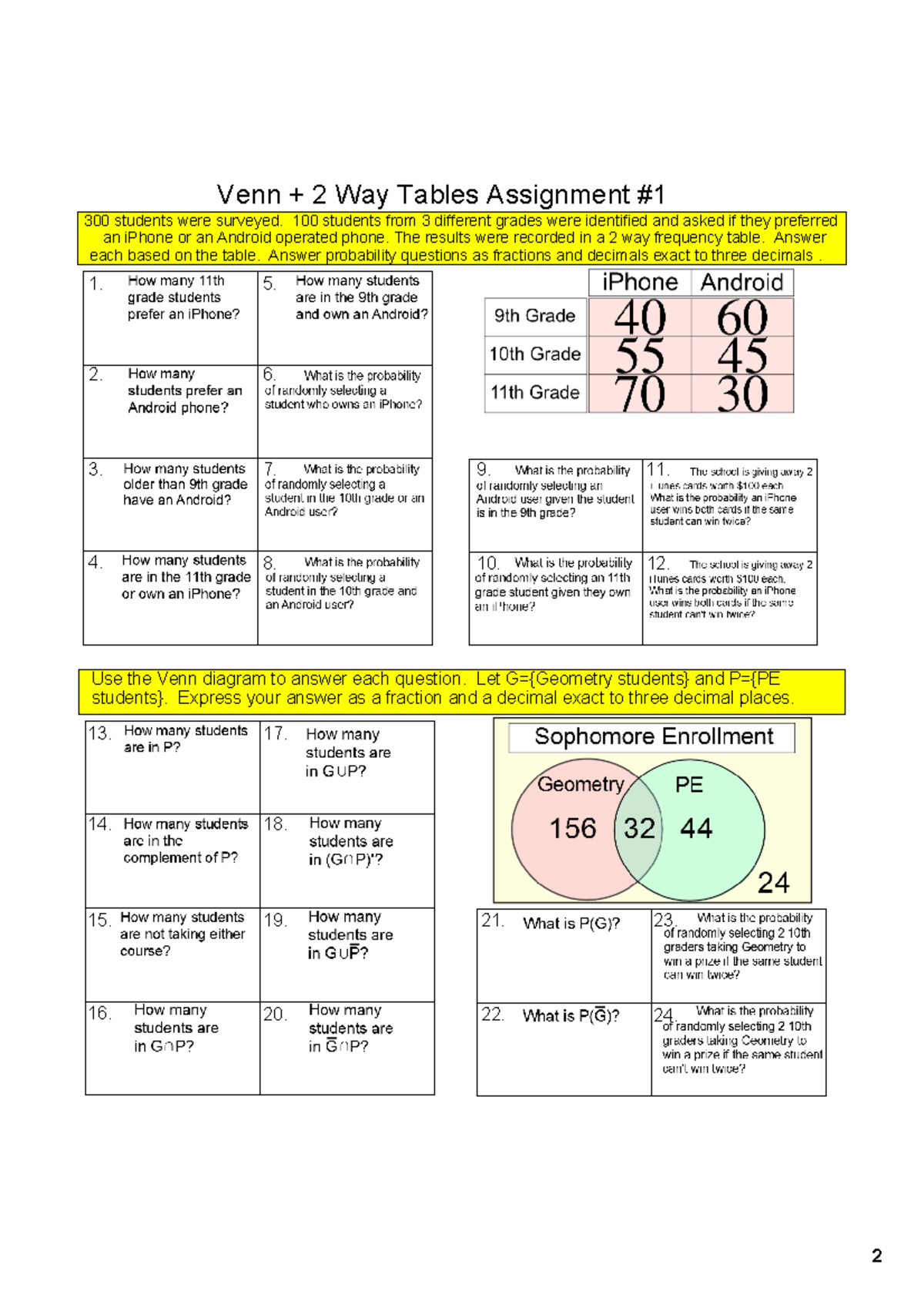 Assignment #1 Venn + 2 Way Tables - Student Handout - 2 1. 2. 3. 4. 5 ...