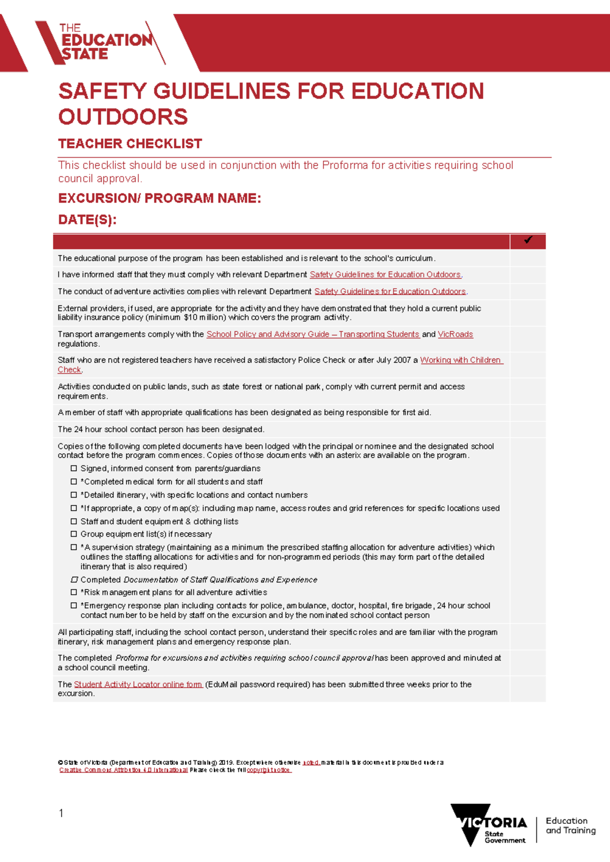 Teacherchecklist - SAFETY GUIDELINES FOR EDUCATION OUTDOORS TEACHER ...