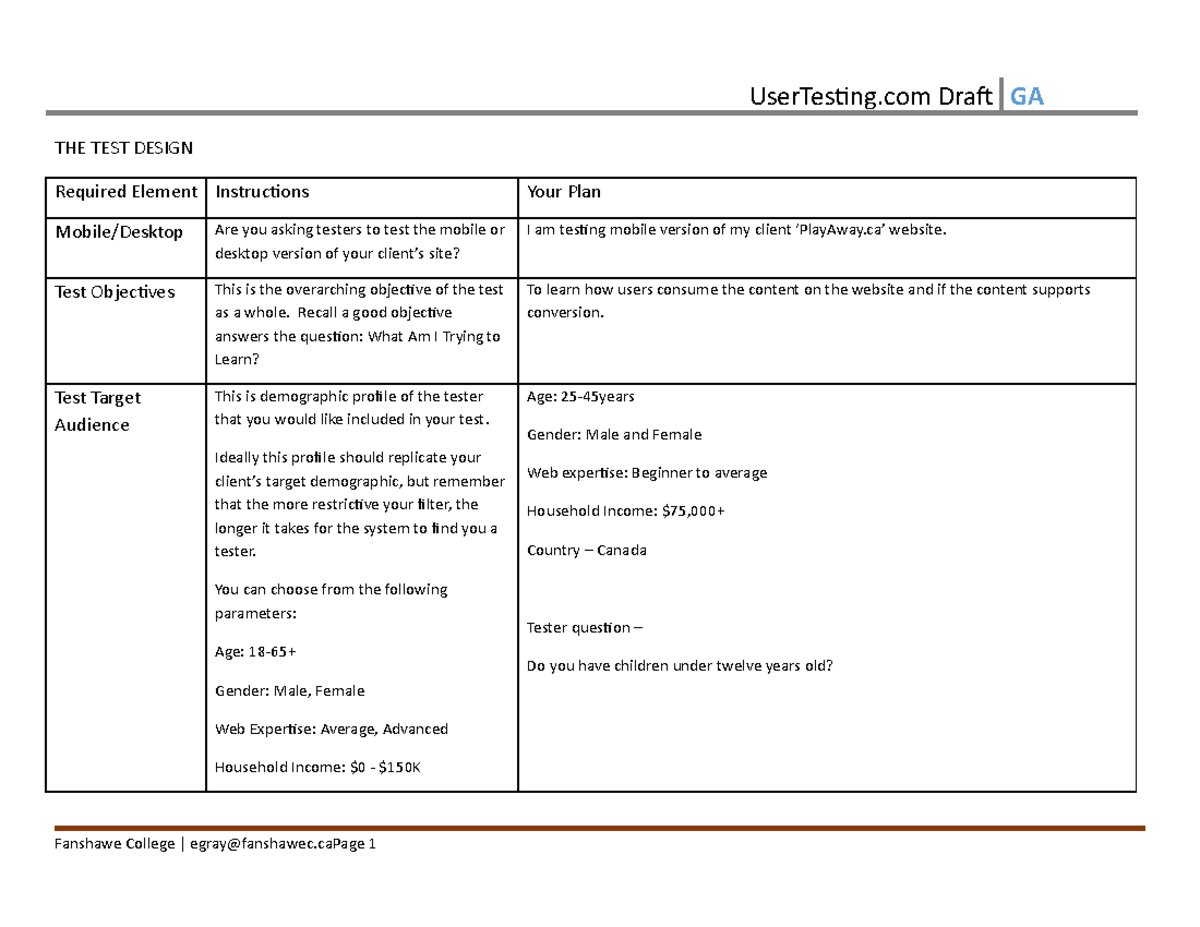 User Testing.com Worksheet - THE TEST DESIGN Required Element ...