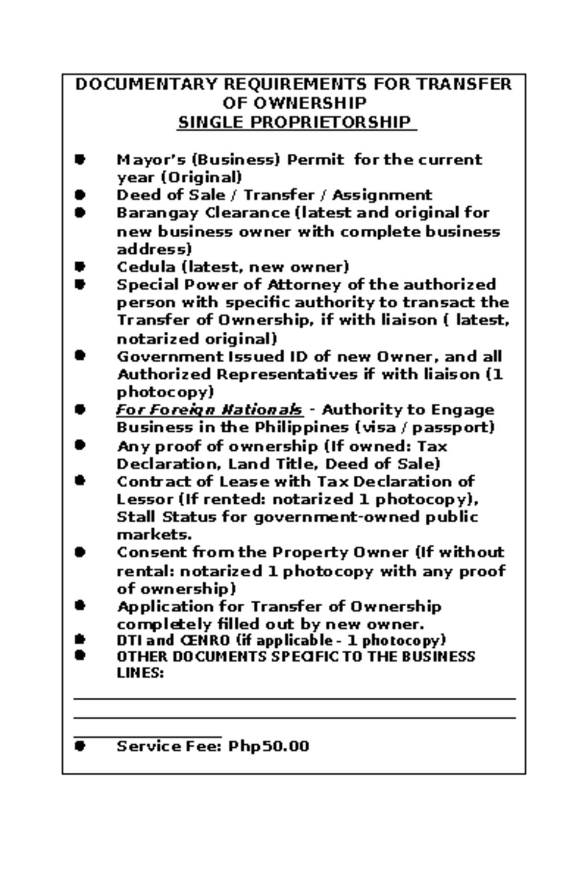 Documentary Requirements FOR Transfer OF Ownership Single - DOCUMENTARY ...