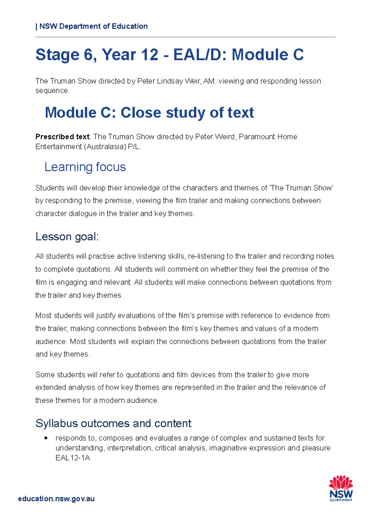 Mod c truman show film trailer english eald s6 lesson sequence - | NSW ...