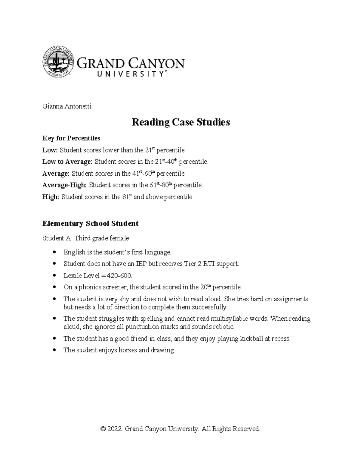 REA-325 Case Study 3rd grade girl - Gianna Antonetti Reading Case ...