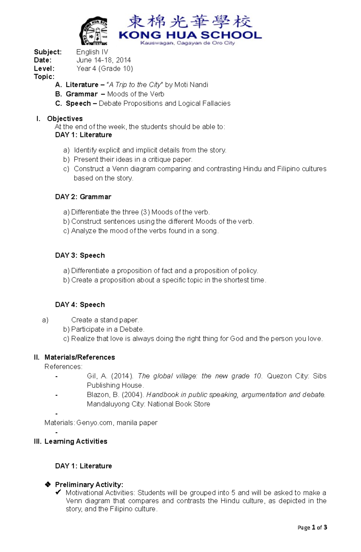 Year 4 Lesson Plan (4th Week) - Subject: English IV Date: June 14-18 ...