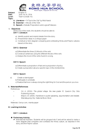 Year 4 Lesson Plan (2rd Week) - Subject: English IV Date: June 23-27 ...