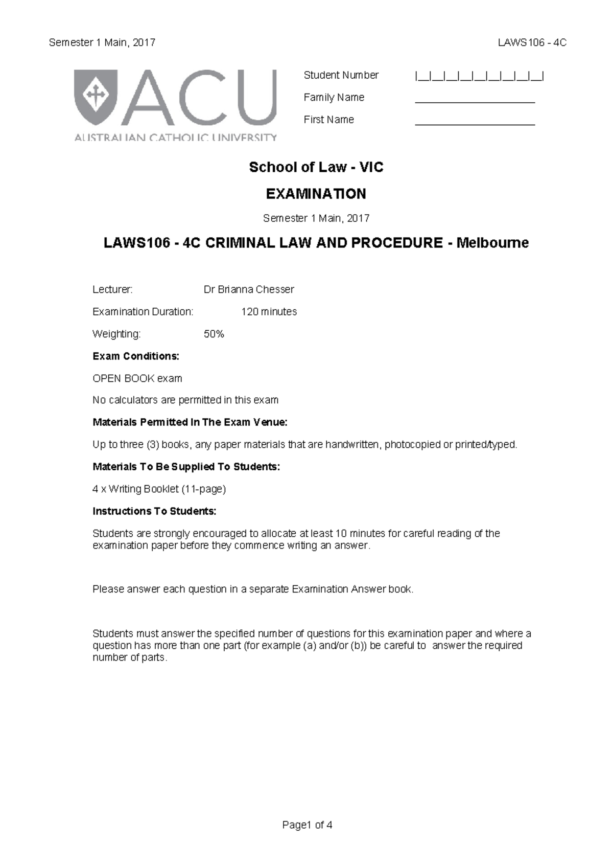 2017 exam criminal law - School of Law - VIC EXAMINATION Semester 1 ...