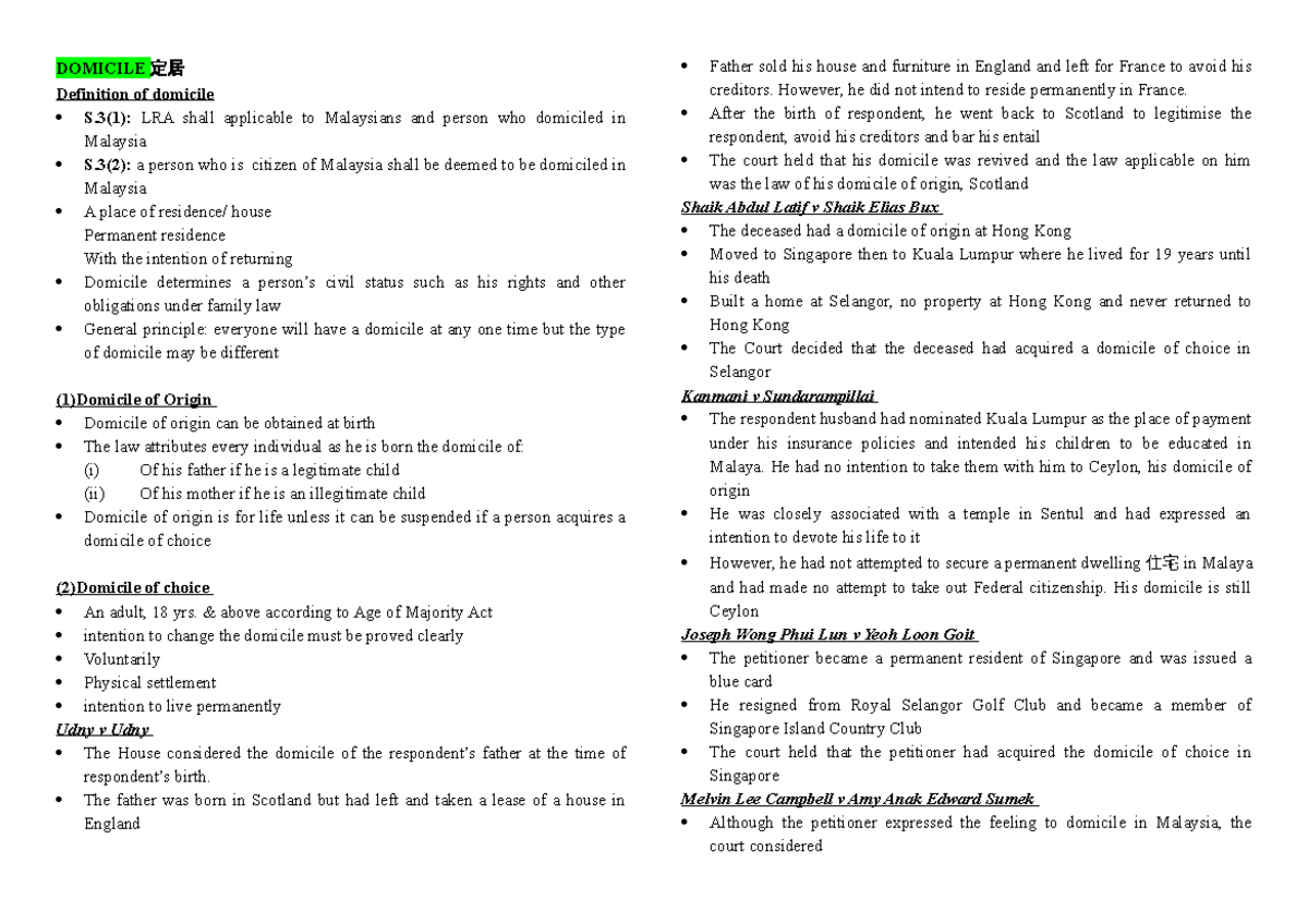 Domicile AND Residence - DOMICILE 定居 Definition of domicile S(1): LRA ...