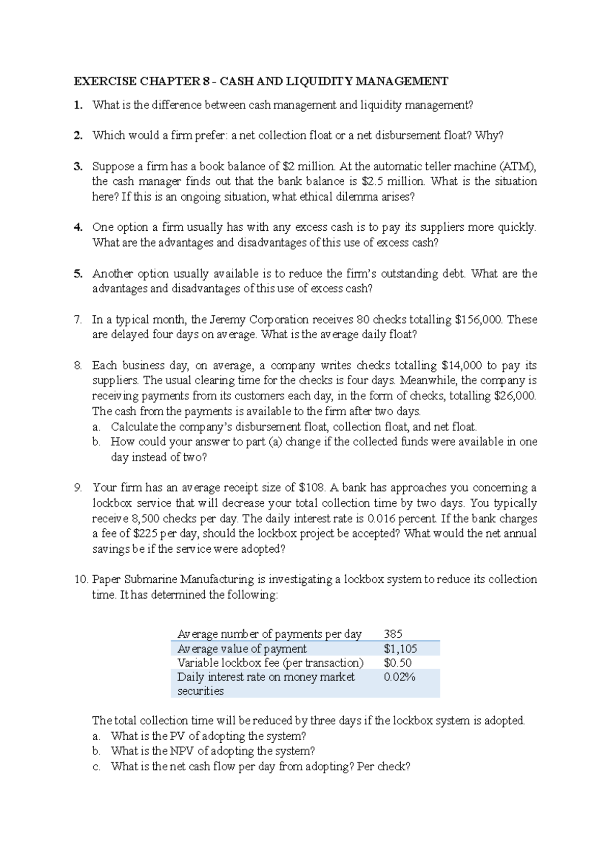 Exercise Chapter 8 - CASH AND Liquidity Management - EXERCISE CHAPTER 8 ...