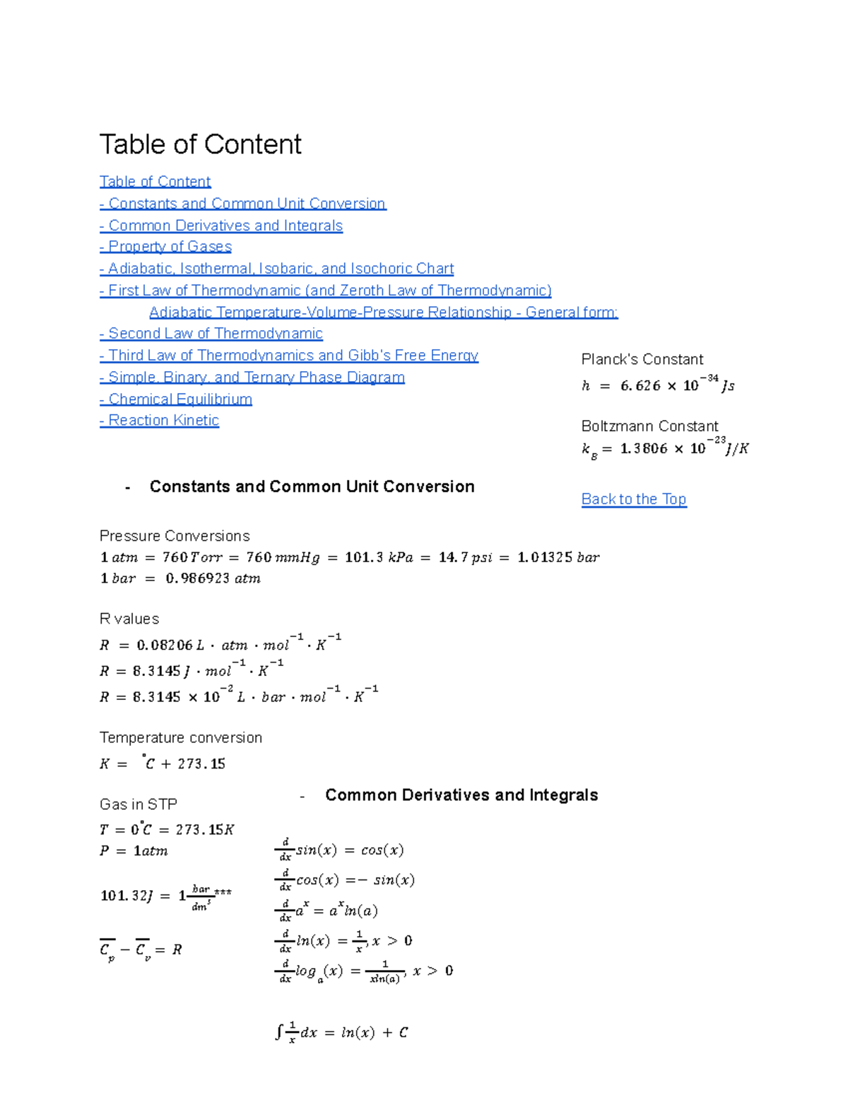 Pchem Equation sheet - Table of Content Table of Content - Constants ...