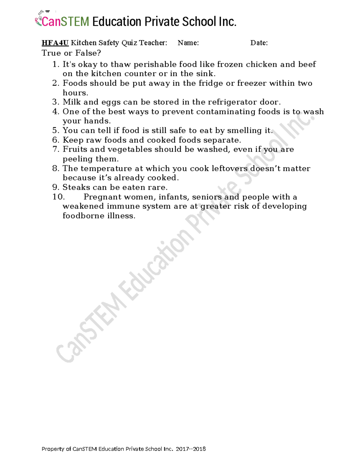 1-1-2-HFA4U Kitchen Safety Quiz - CanSTEM Education Private School Inc ...