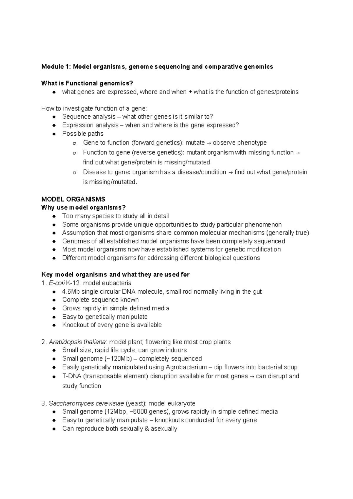 Module 1 Notes Summary Functional Genomics And Bioinformatics Module 1 Model Organisms