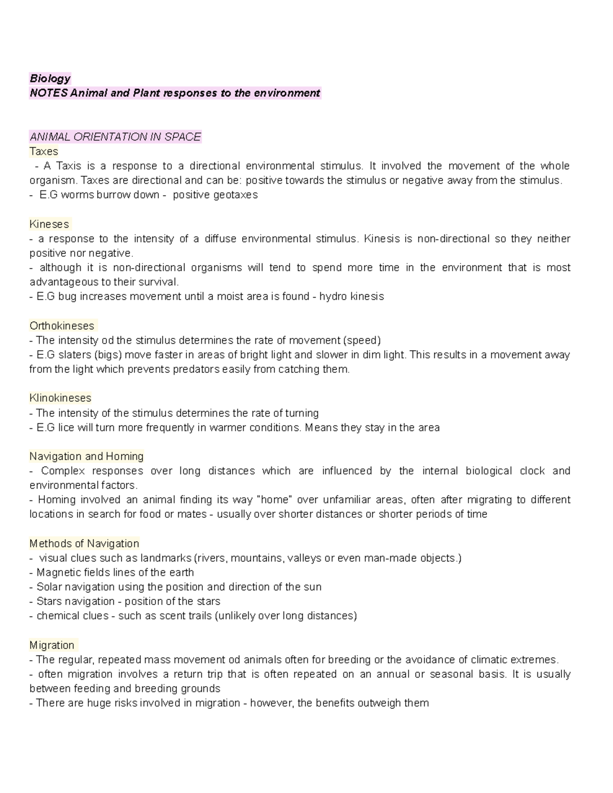 Notes Animal and Plant responses to the enviroment - Biology NOTES ...