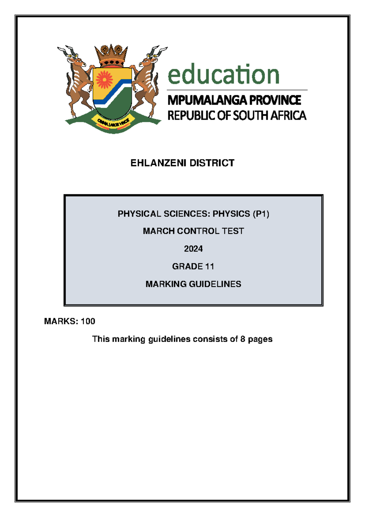 Ehlanzeni District Gr11 control test 2024 Marking guidelines (Autosaved ...