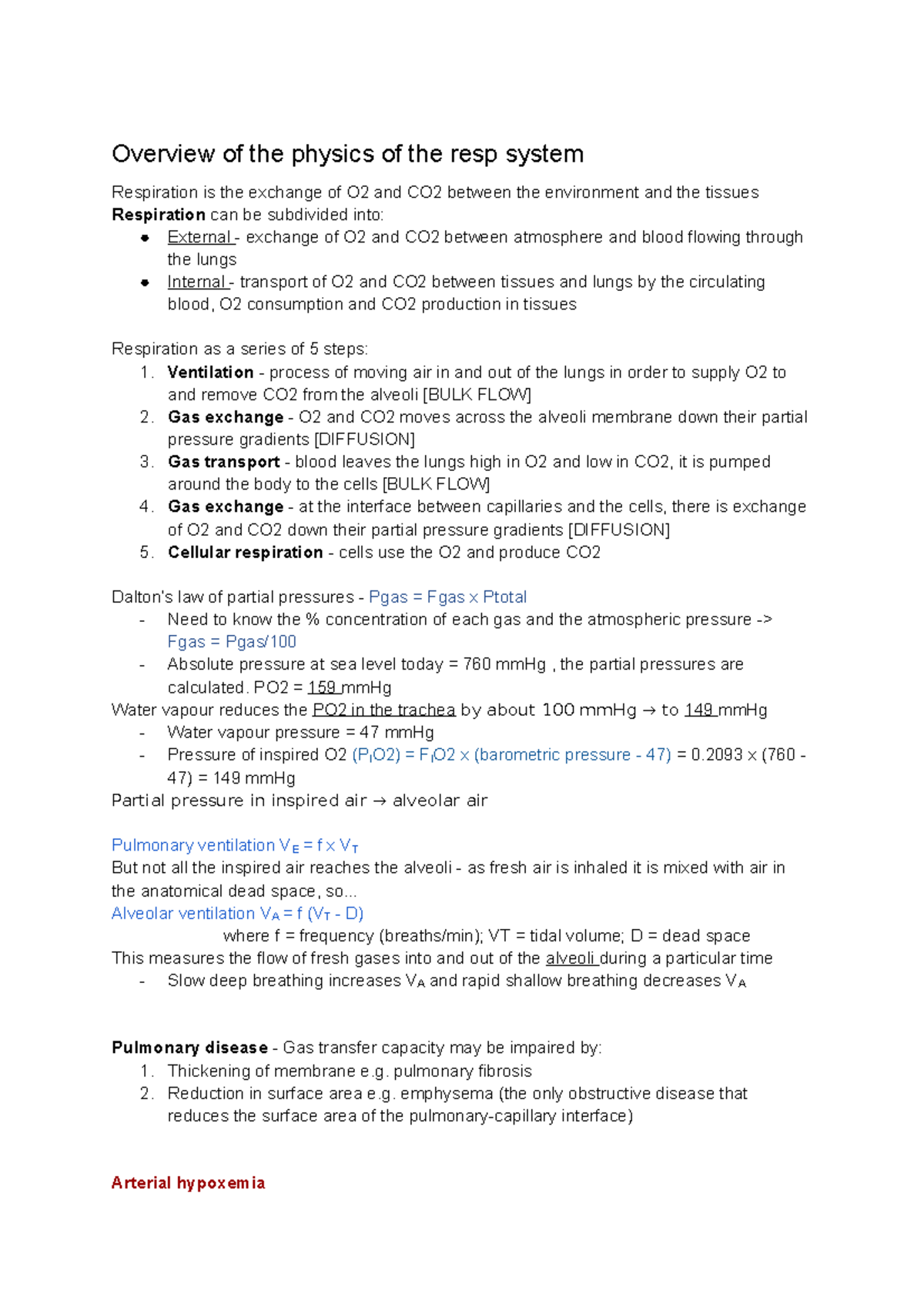 MICN201 Respiratory physiology lecture summary notes - Overview of the ...