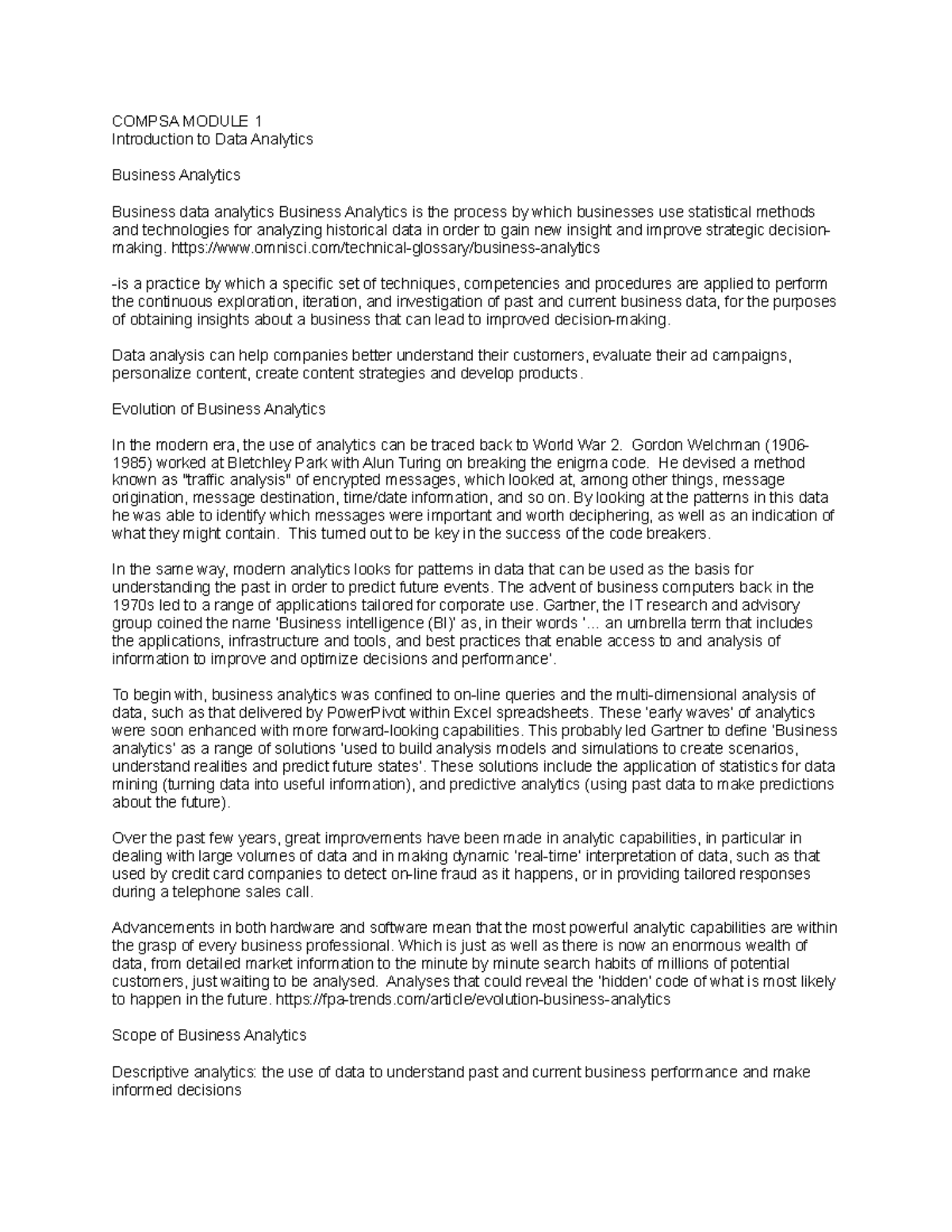 Compsa Module 1 - Statistics - COMPSA MODULE 1 Introduction to Data Analytics Business Analytics ...