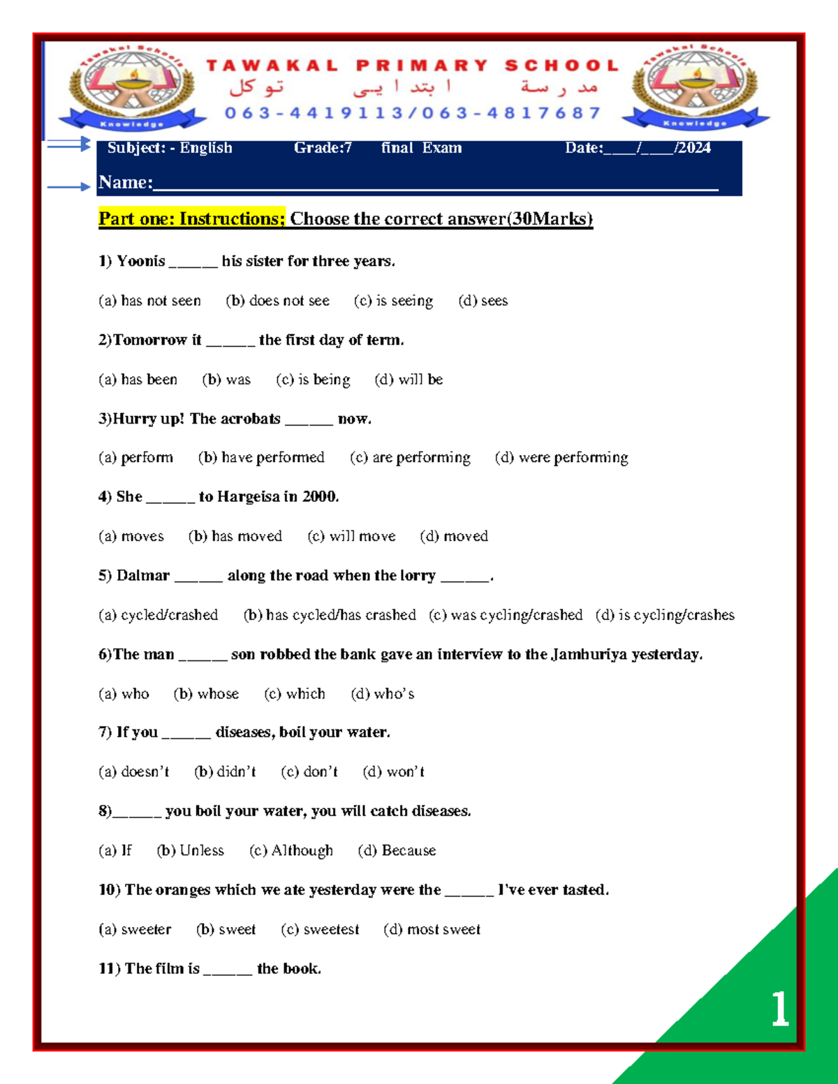 English Grade 7 - 1 Subject: - English Grade: 7 final Exam Date:// 2024 ...