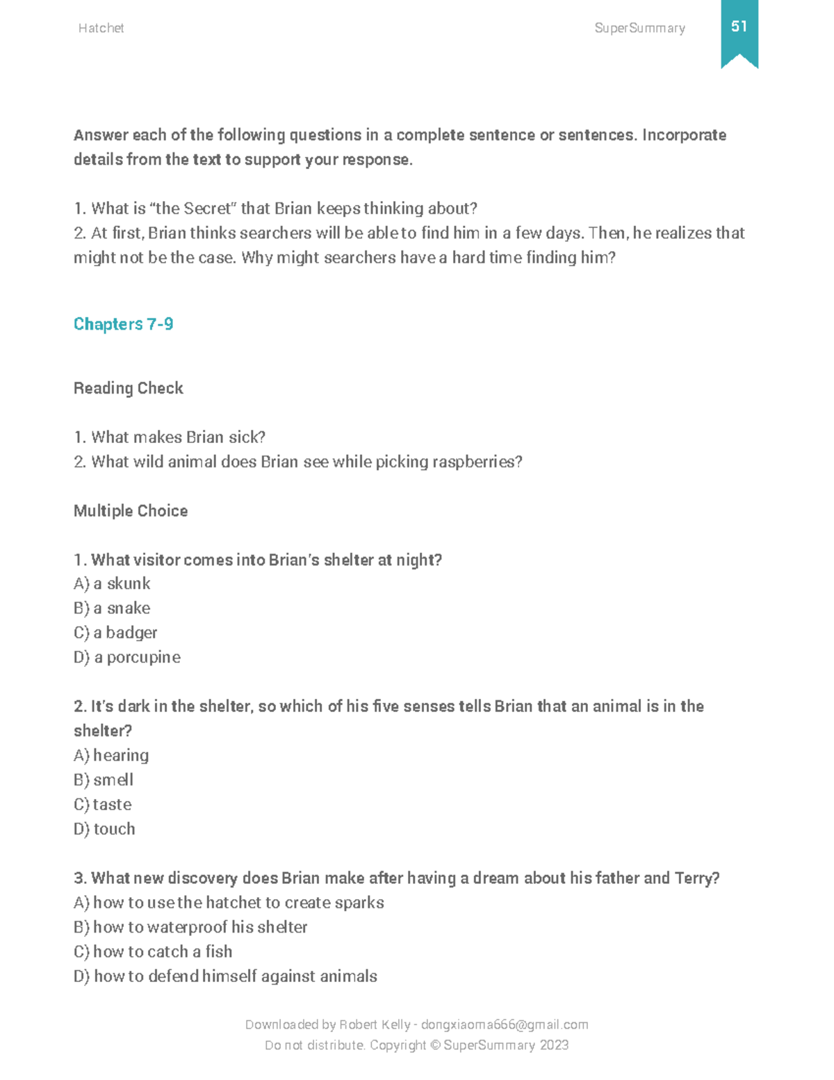 Hatchet - Super Summary Study Guide 52 - Answer each of the following ...
