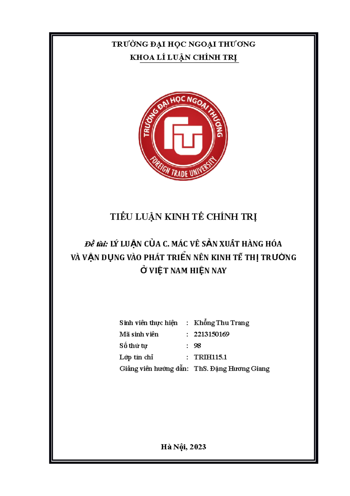 Tiểu Luận Ktct Tiểu Luận Kinh Tế Chính Trị TrƯỜng ĐẠi HỌc NgoẠi