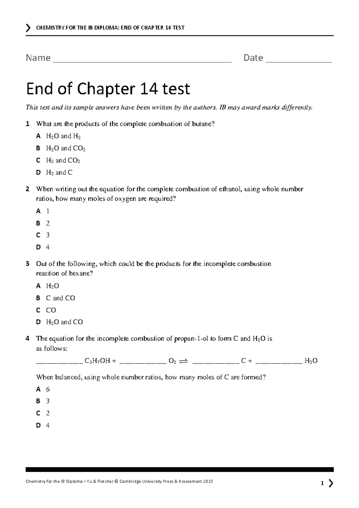 End of chapter 14 test - Cambridge Bonding Tests - CHEMISTRY FOR THE IB ...