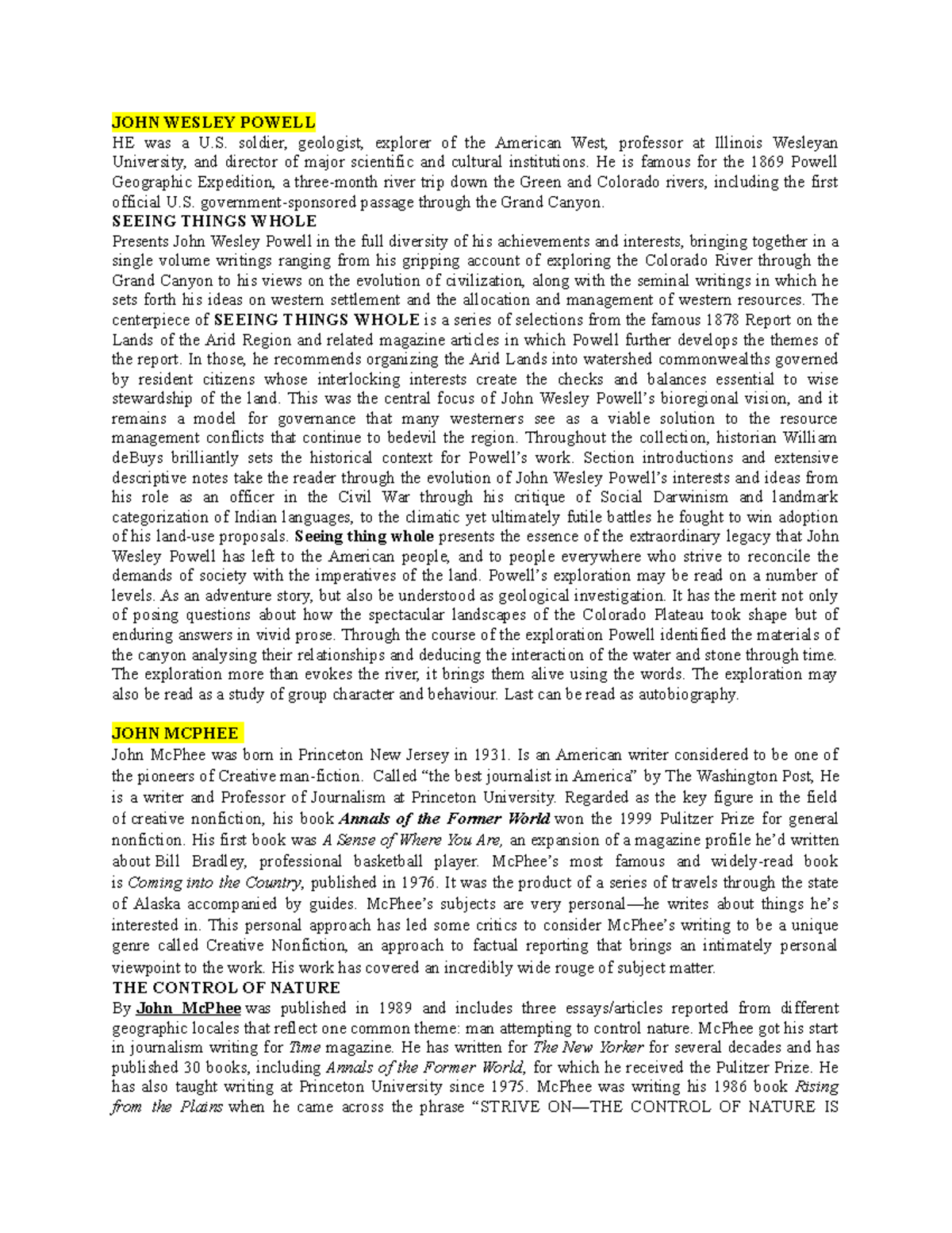 Anglo - JOHN WESLEY POWELL HE was a U. soldier, geologist, explorer of ...