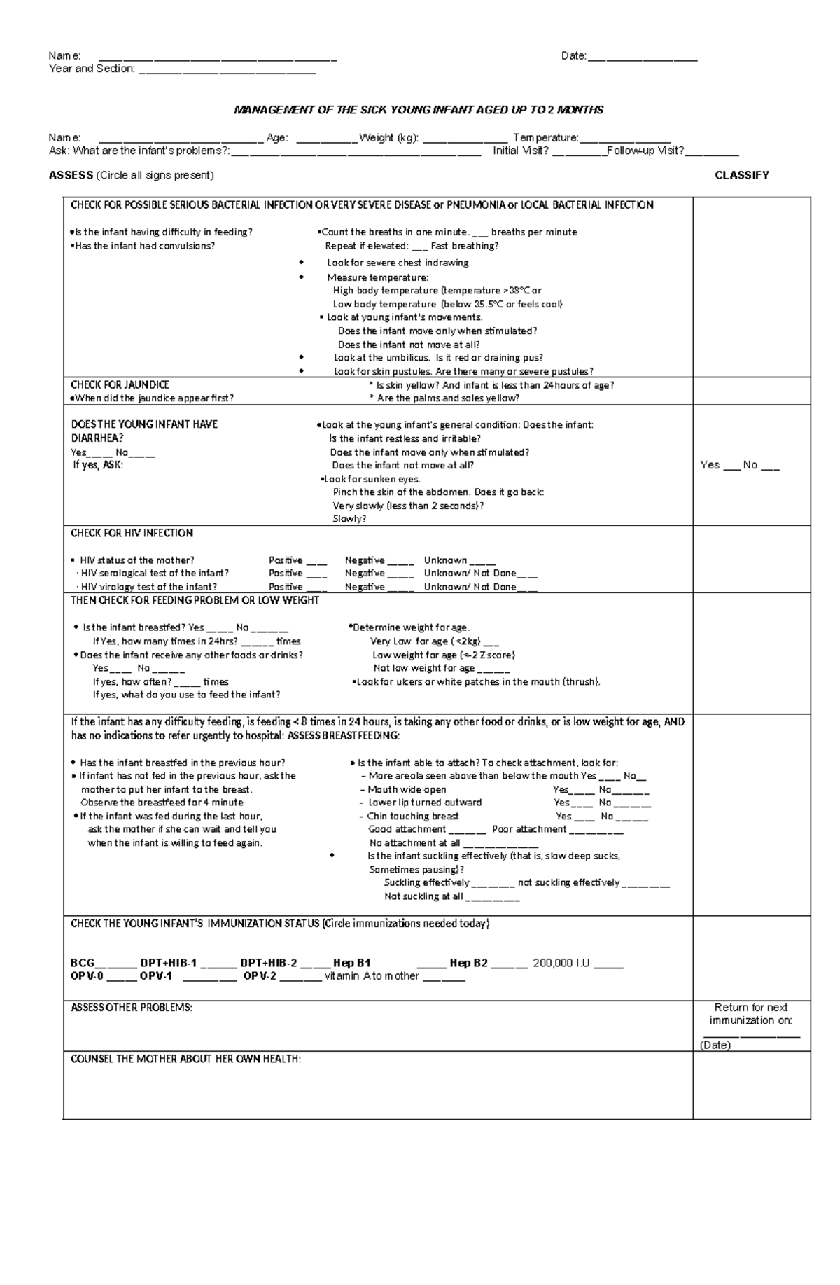 Recording FORM IMCI 0 2 Months - Name ...