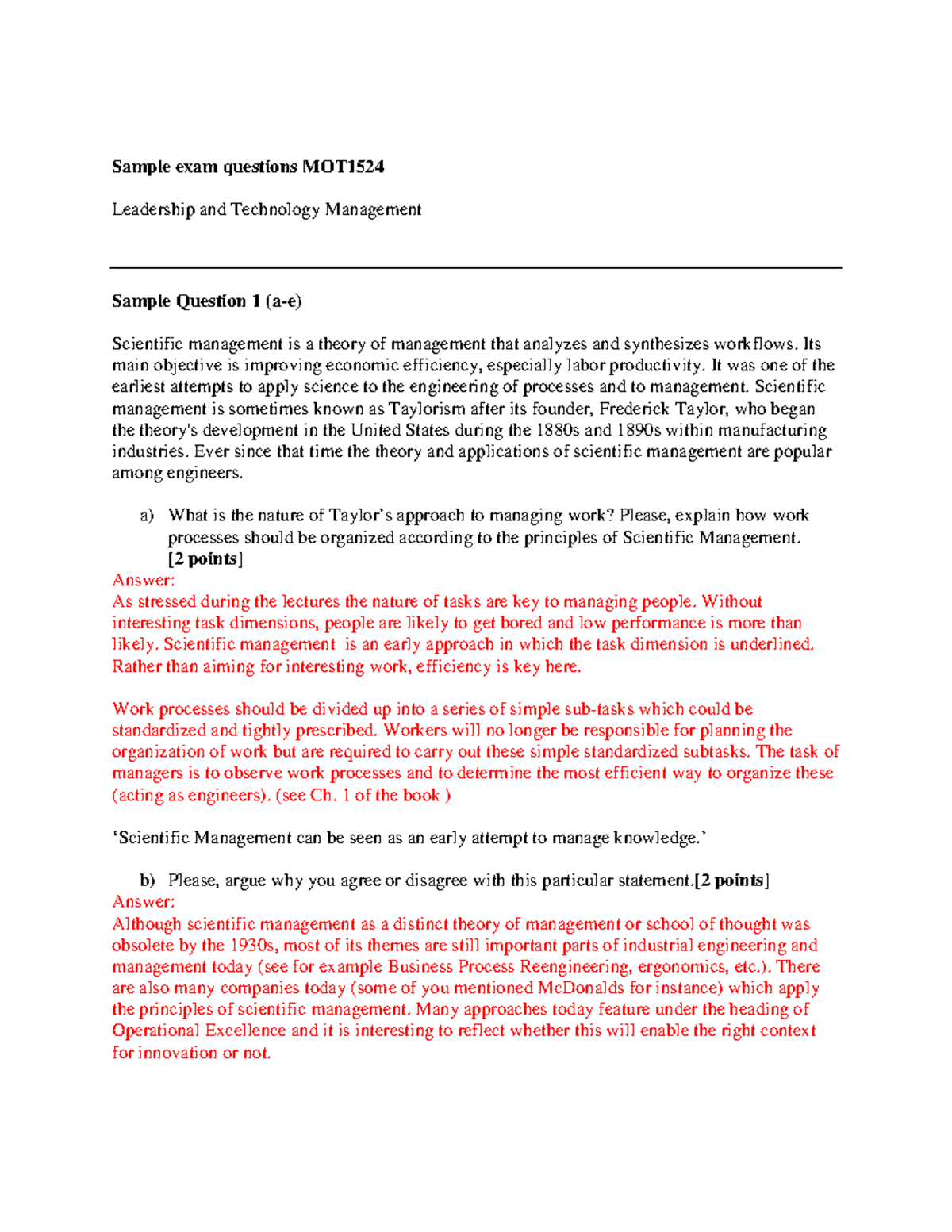 Sample questions MOT1524 - Sample exam questions MOT Leadership and ...