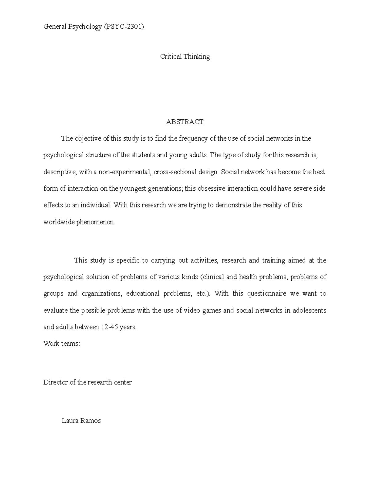 Critical Thinking Research Design - Critical Thinking ABSTRACT The ...