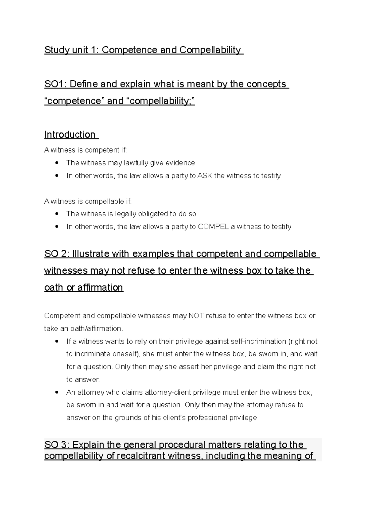 Semester test 1 notes - Study unit 1: Competence and Compellability SO1 ...