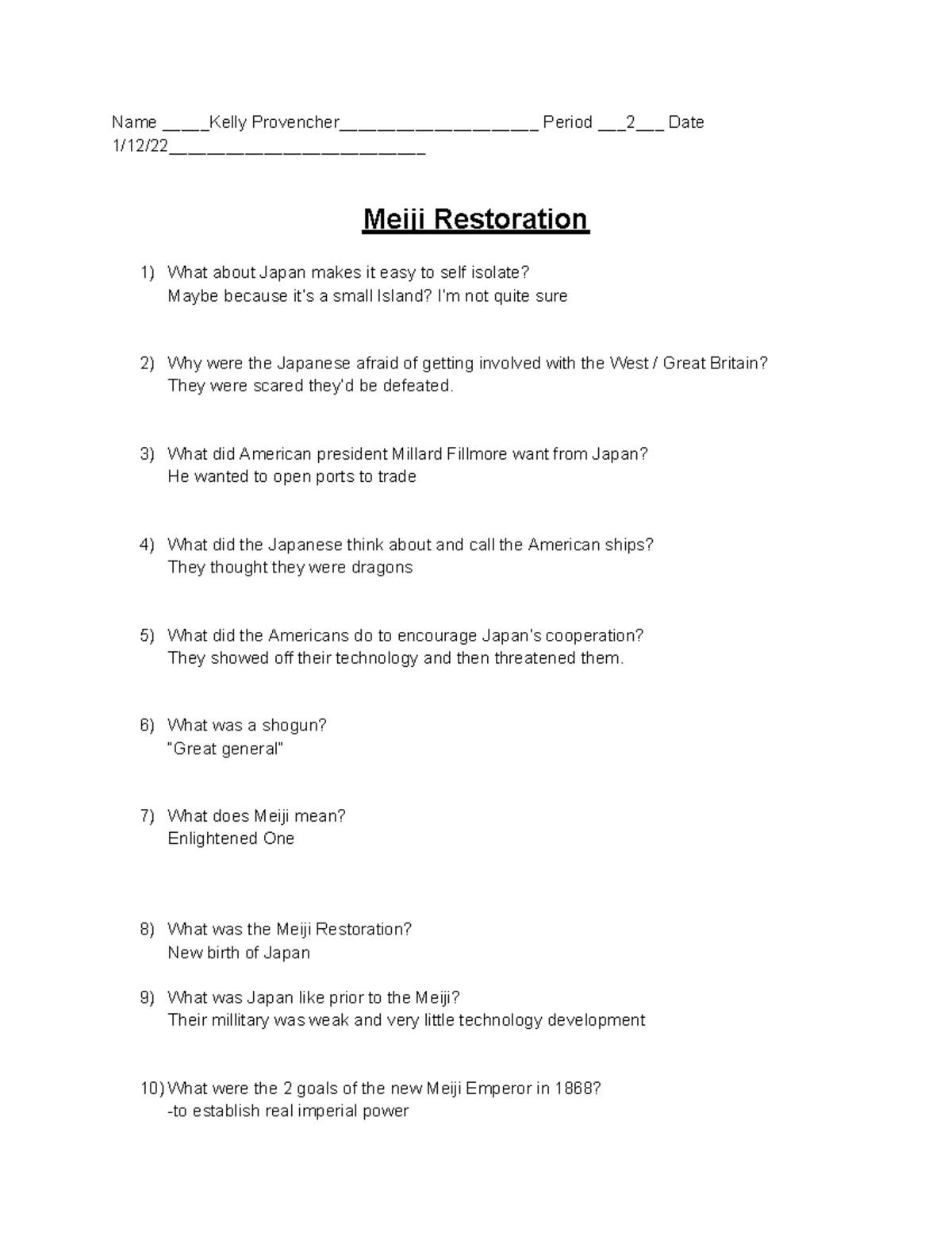 Kelly Provencher - Meiji Restoration Guided Notes - Studocu