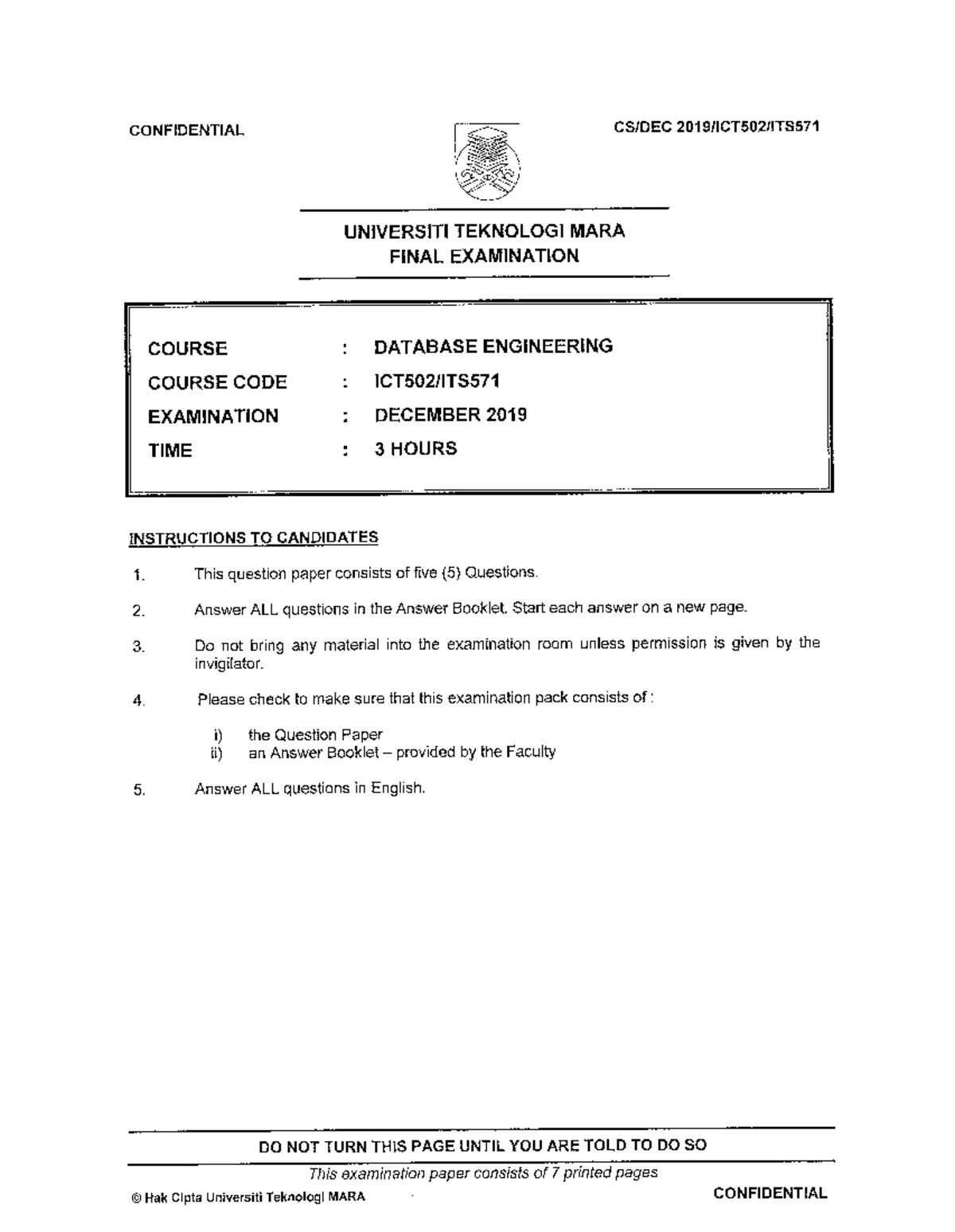 ICT502 ITS571 - UNIVERSITI TEKNOLOGI MARA FINAL EXAMINATION ...