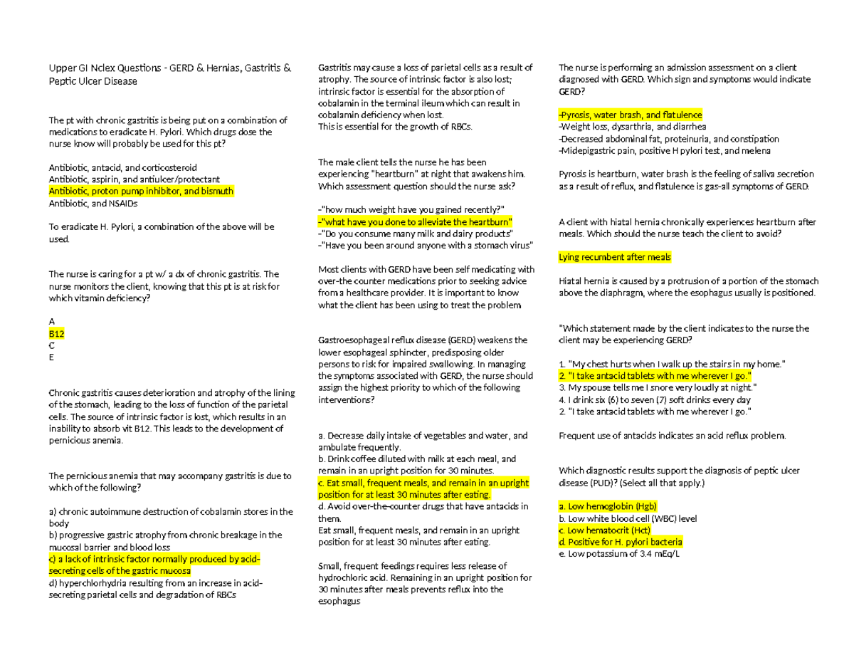 PQ Gastritis-Hiatal Hernia-GERD-PUD - Upper GI Nclex Questions - GERD ...