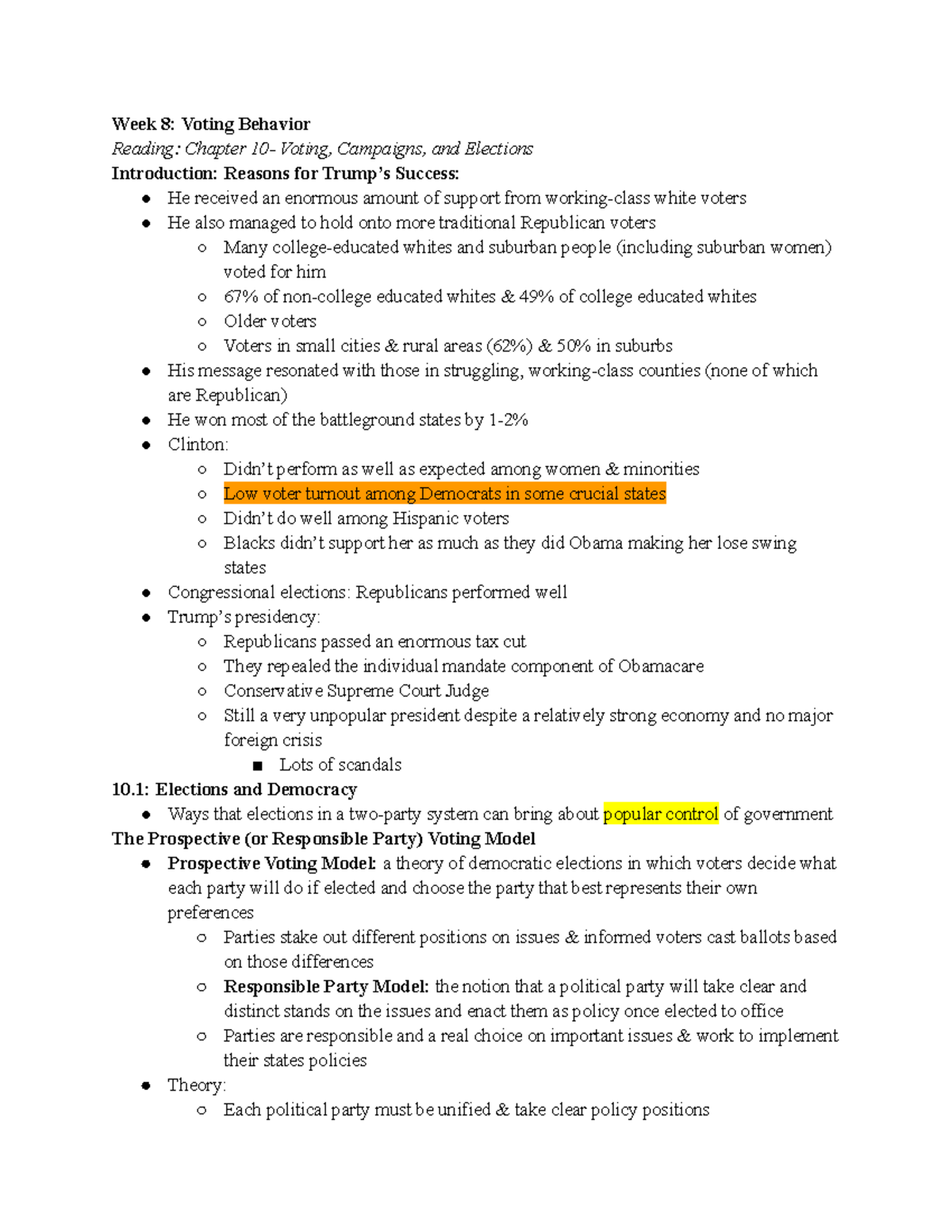 Week 8 Voting Behavior - Reading Notes from Week 8- Ferraiolo - Week 8 ...