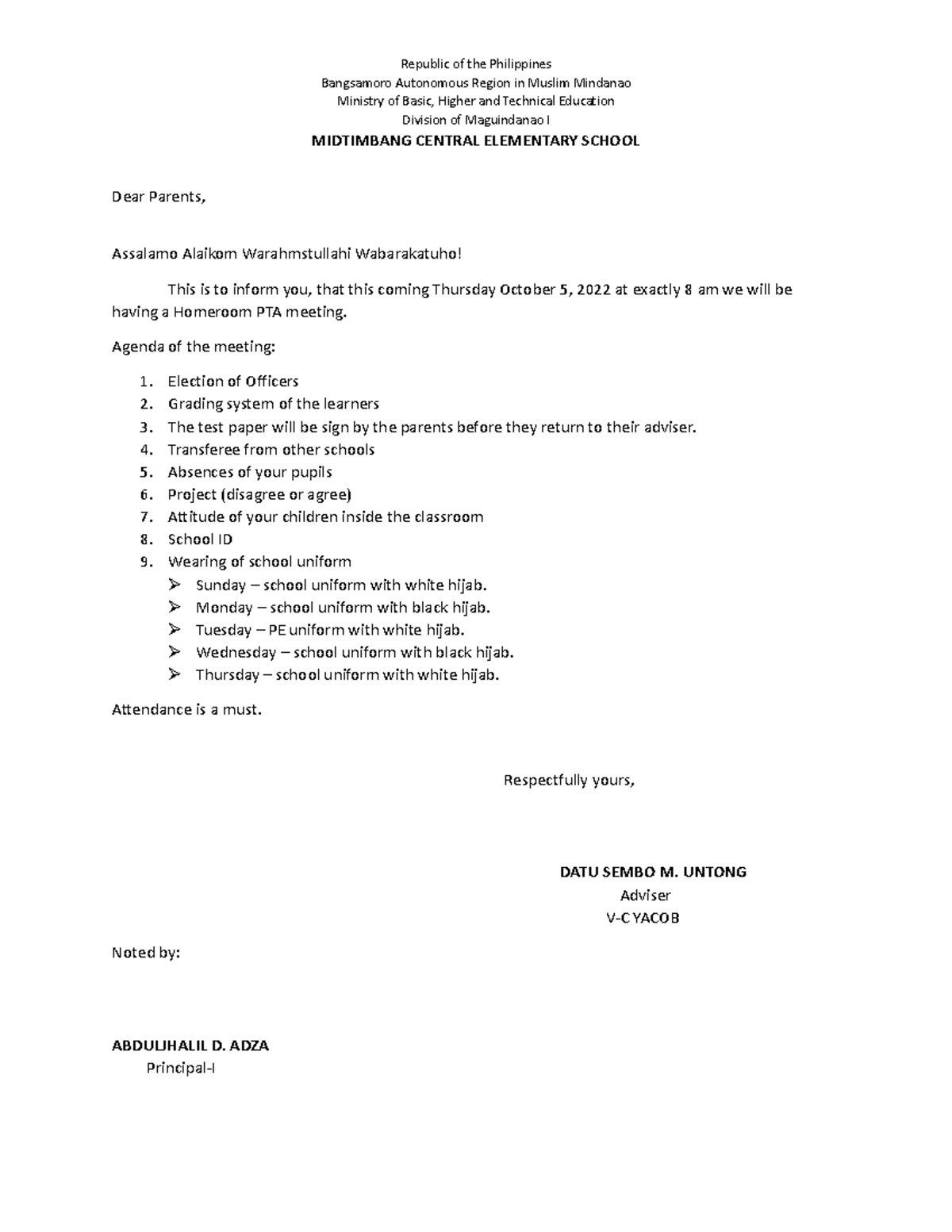 Letter for PTA meeting - Republic of the Philippines Bangsamoro ...