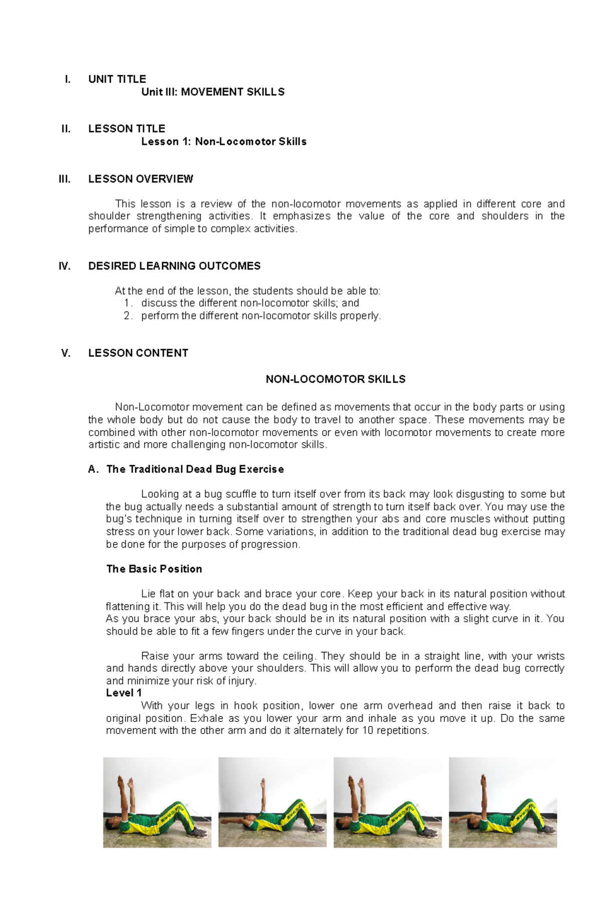10 - PATHF - I. UNIT TITLE Unit III: MOVEMENT SKILLS II. LESSON TITLE ...