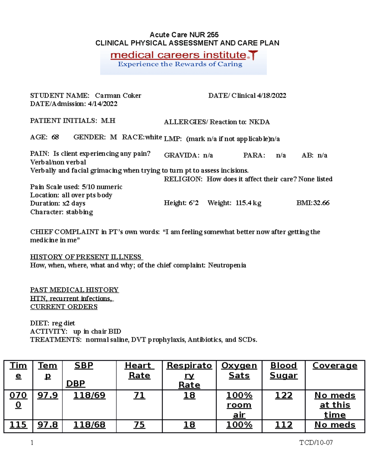 NUR258 care plan 3 - Care plan for clinical ECPI - Acute Care NUR 255 ...