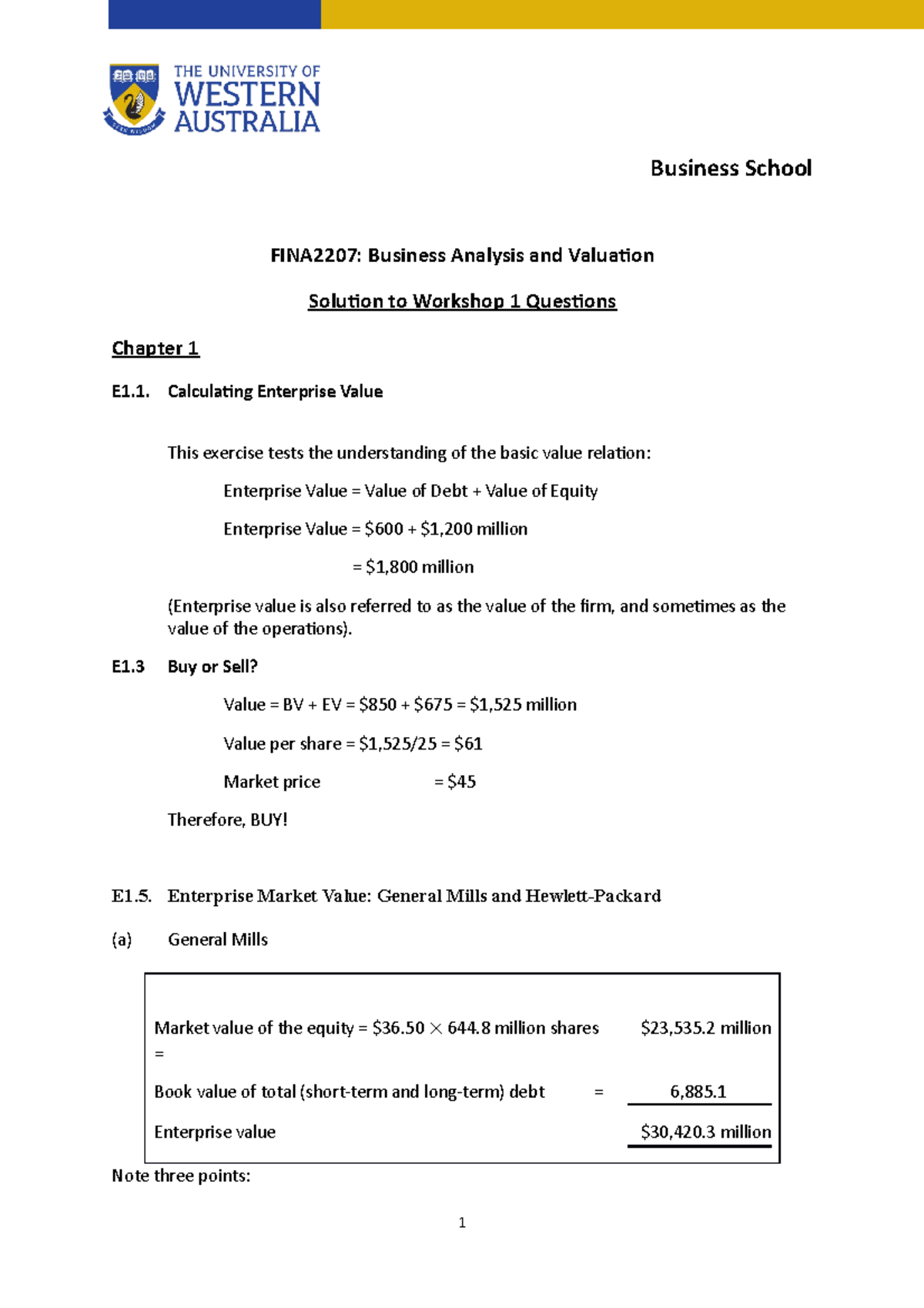 Workshop 1 - Tutorial Answers - Business School FINA2207: Business ...