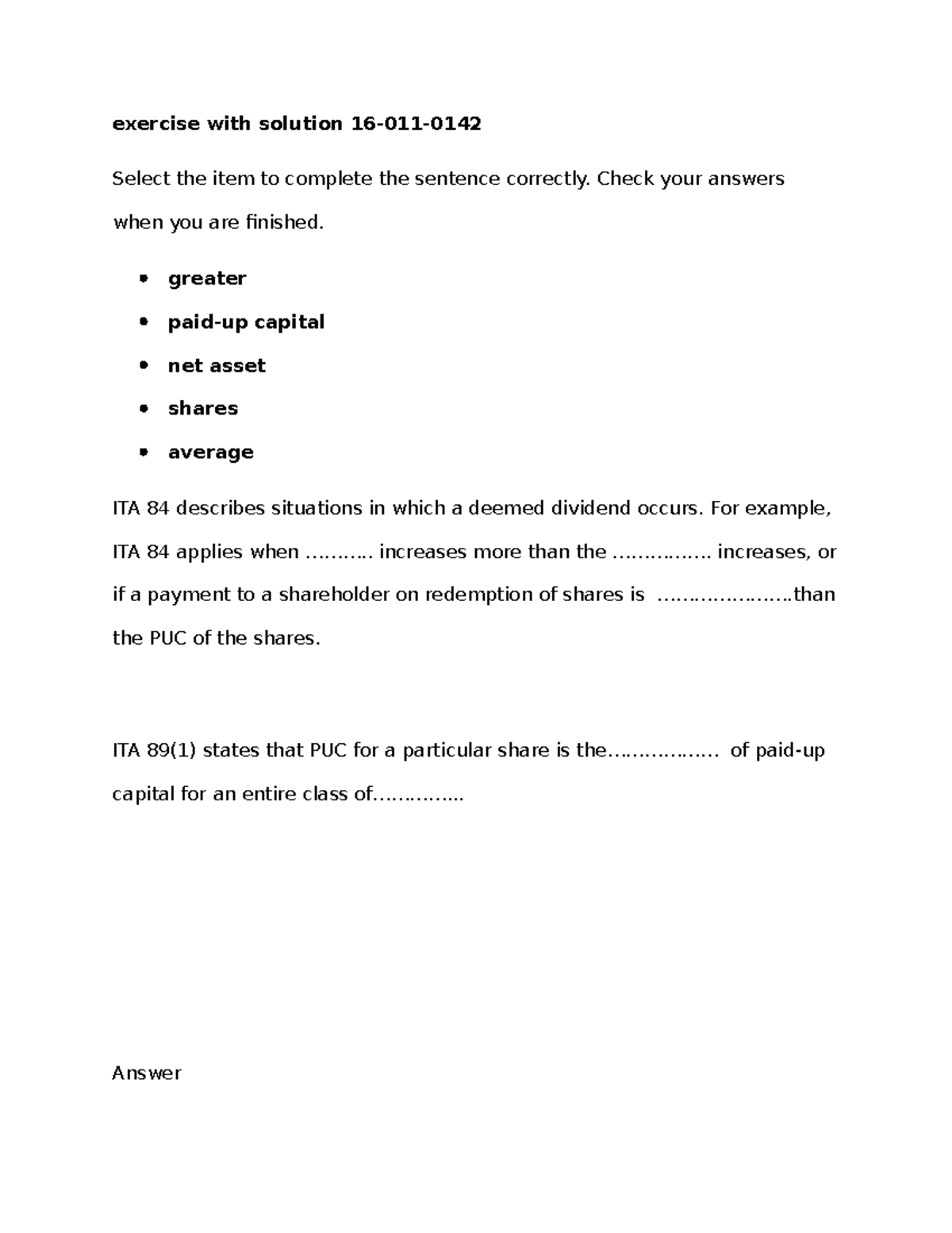 Exercise with solution 16-011-0142 - exercise with solution 16-011- Select the item to complete ...