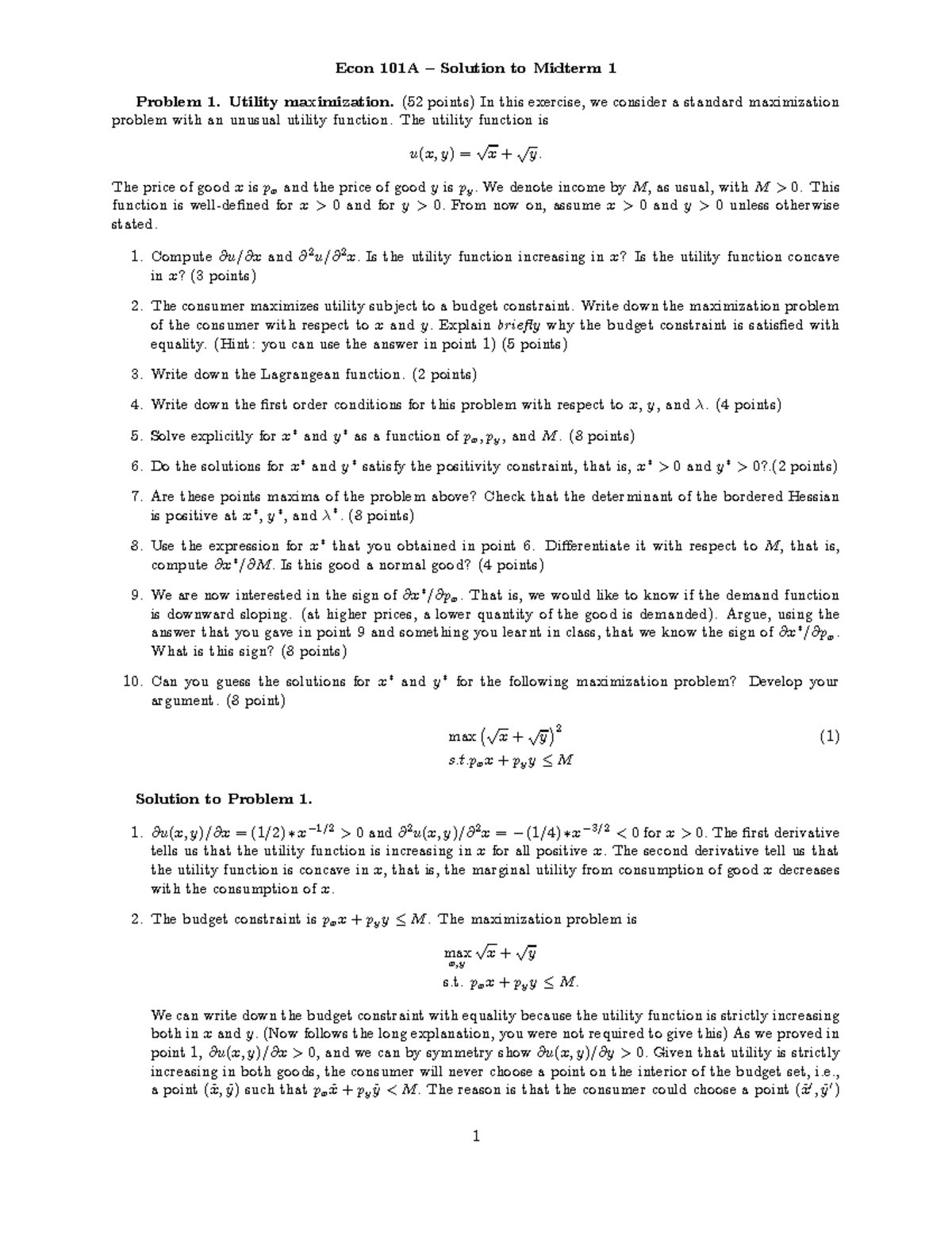 Exam1solutions - Exam practice for utility maximization - Econ 101A ó Solution to Midterm 1 ...