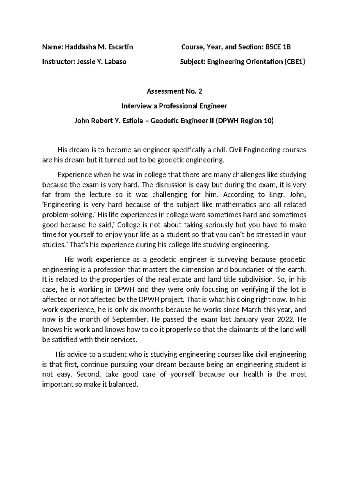 CBE assessment 2 - Name: Haddasha M. Escartin Course, Year, and Section ...