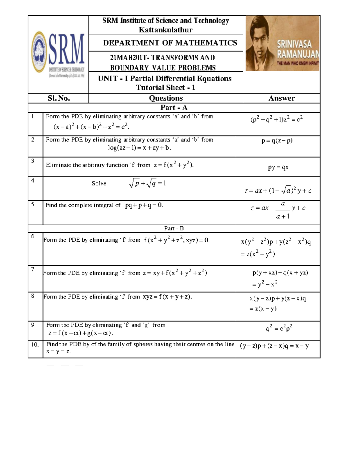 Tutorial sheet 1 - unit 1 - SRM Institute of Science and Technology Kattankulathur DEPARTMENT OF ...