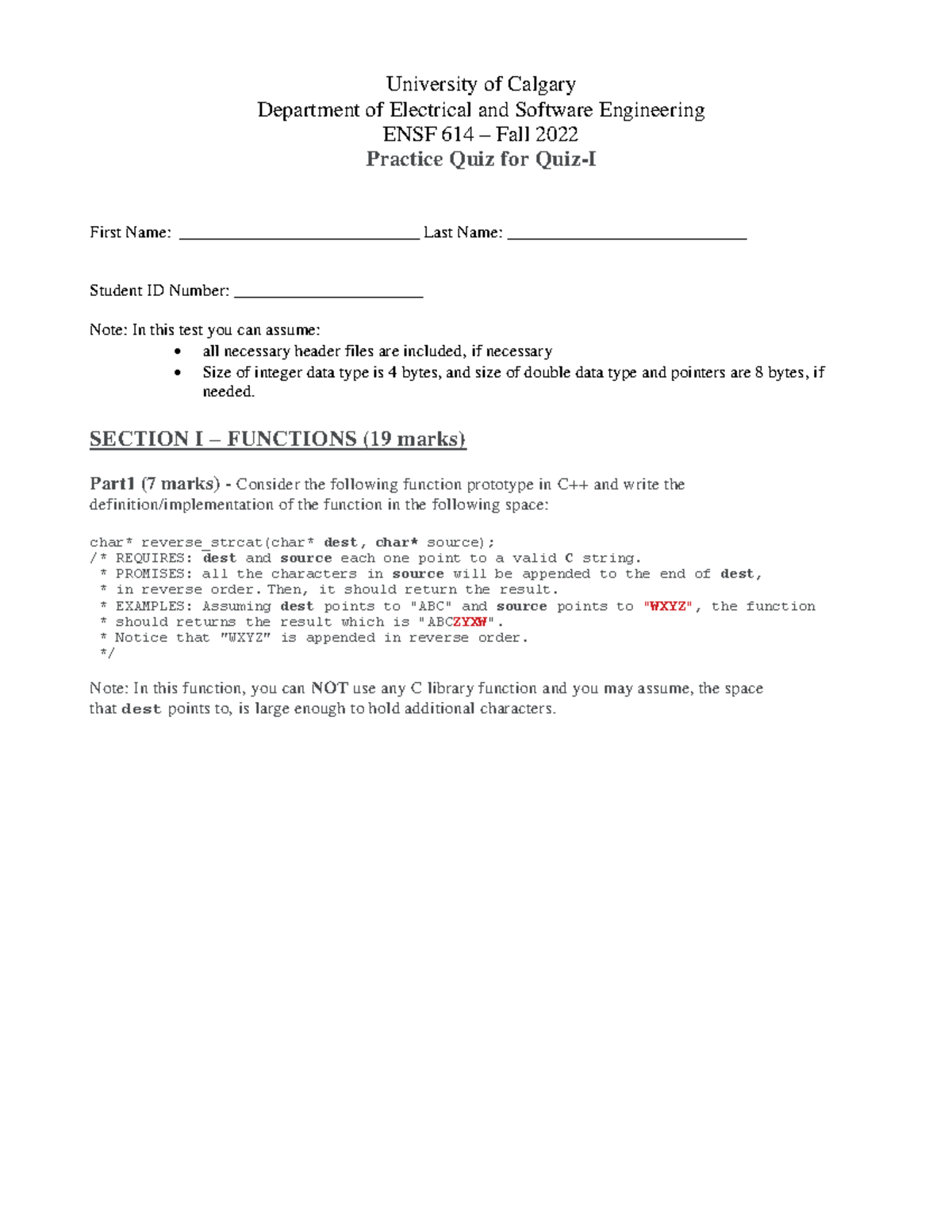 Ensf 614 Quiz 1 Practice University Of Calgary Department Of Electrical And Software 